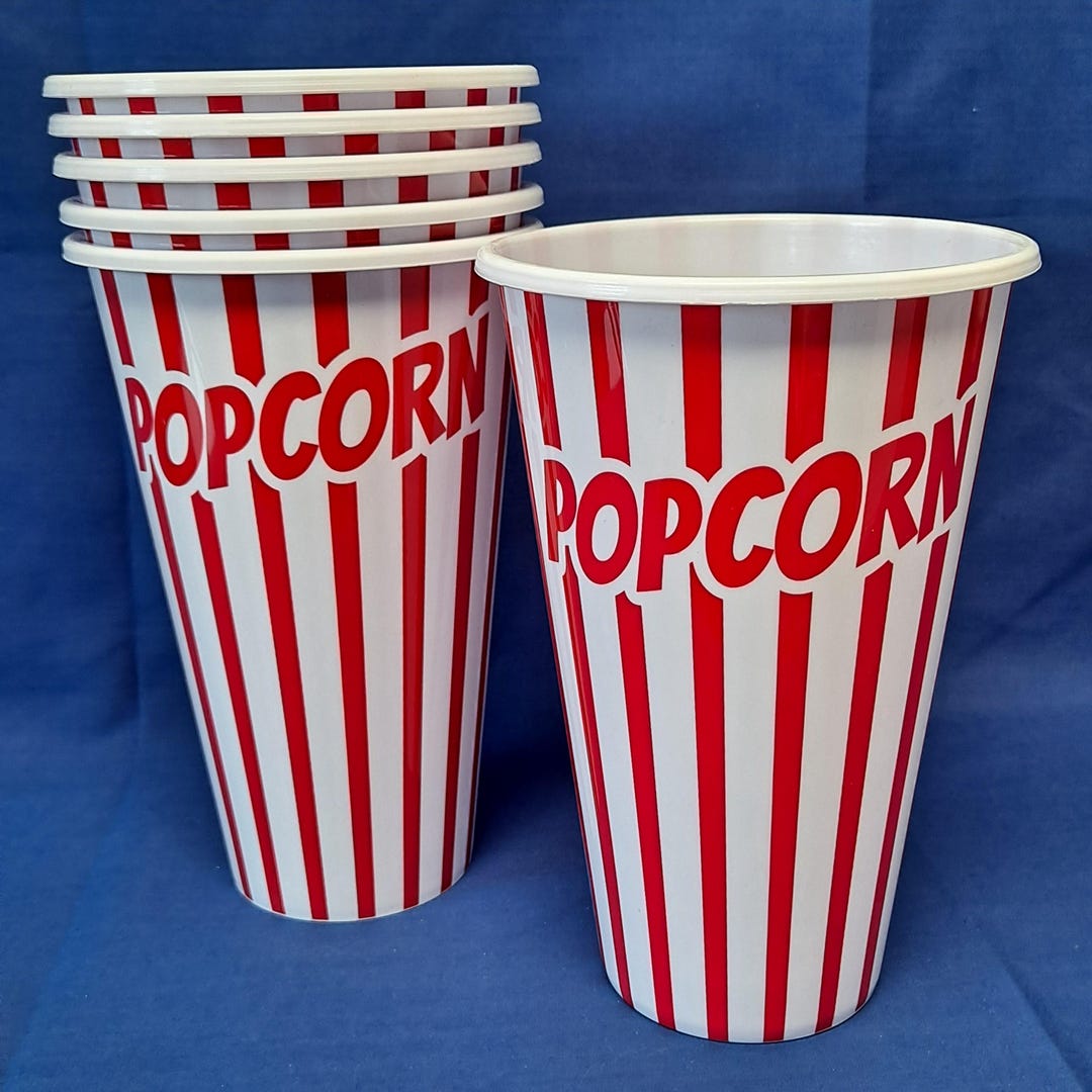 Set 6 POPCORN TUBS Cups Bowls Bucket Pop Corn Striped Movie Snack ...