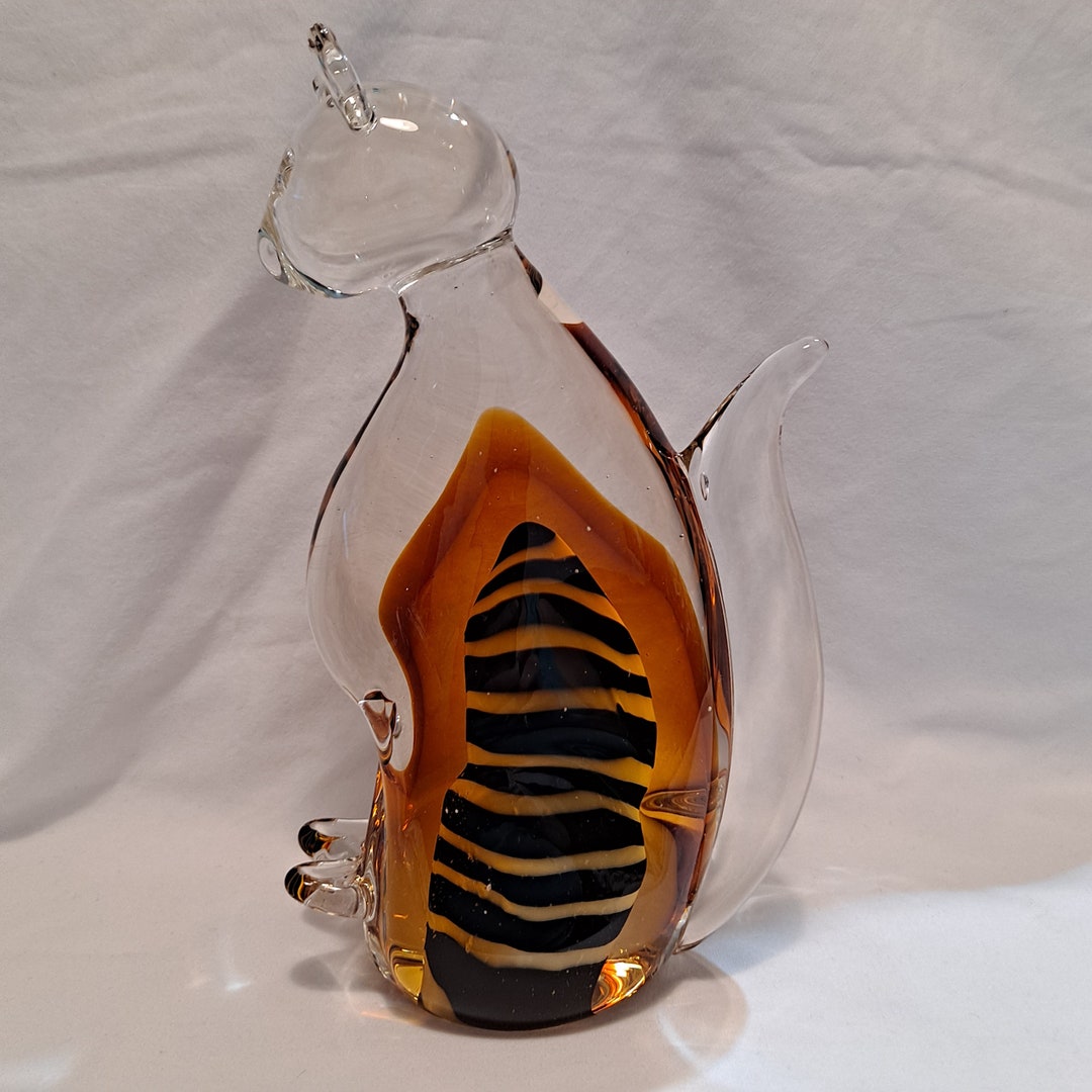 Vintage AMBER Art GLASS CAT Figurine Black Inner 8 1/4 Tall Paperweight ...