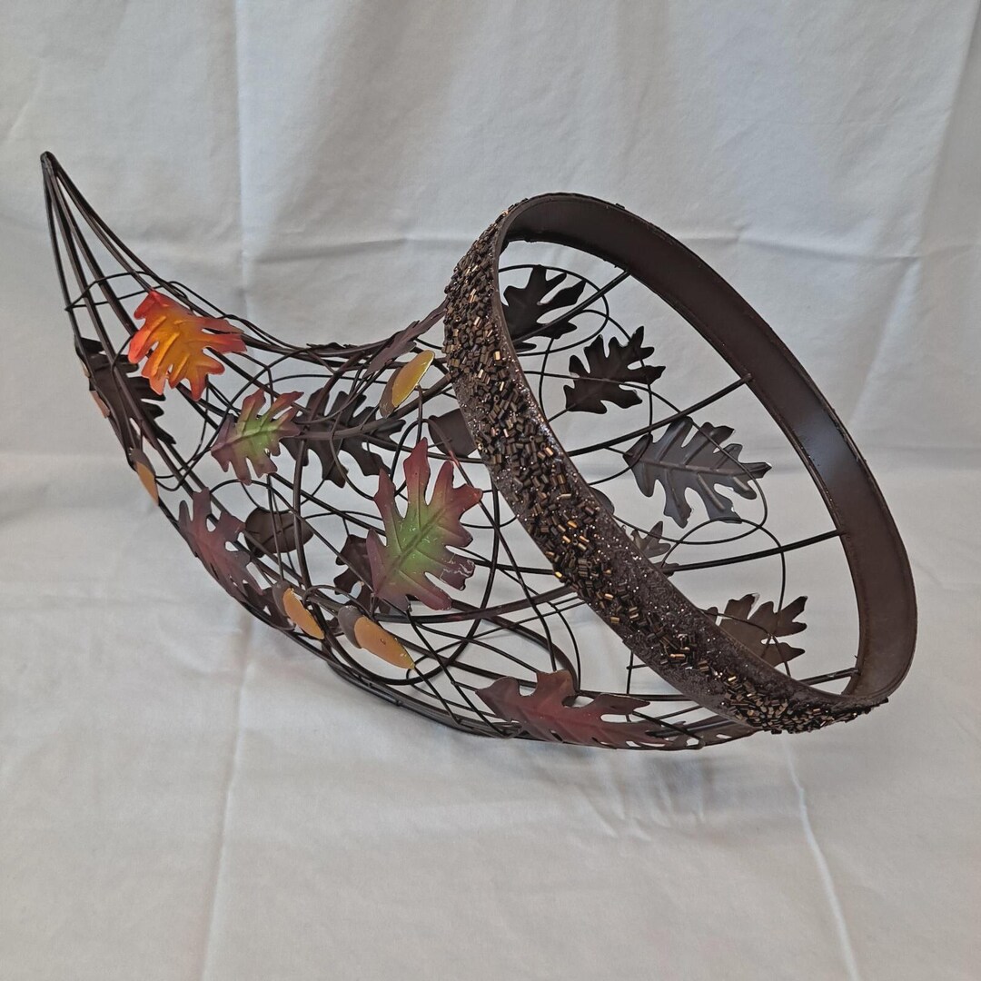 Metal Wire CORNUCOPIA BASKET Display Stand Bowl AUTUMN Leaves Acorn ...