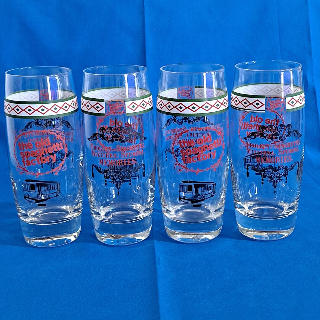 Set 4 the OLD Spaghetti Factory 6 3/8" Drink GLASSES Trolly Mizithra ...