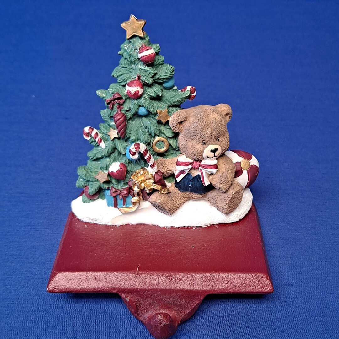 BEAR Christmas Tree STOCKING HOLDER Mantel Hanger Hook Resin Cast Iron ...