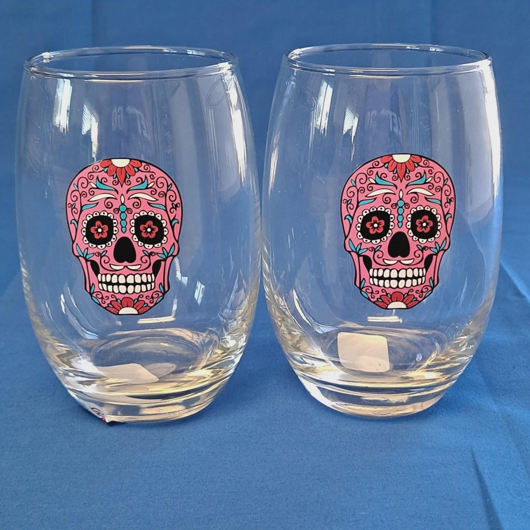 Set 2 Cristar PINK SKULL Stemless WINE Glasses Drinking 15 Oz Tumbler ...