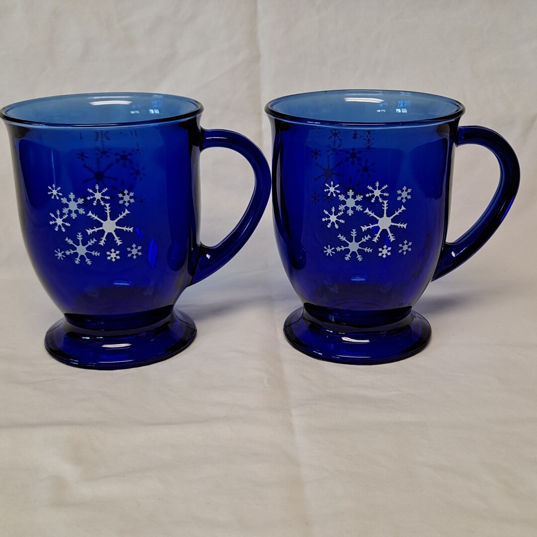 Vintage Lot 2 Cafe COBALT BLUE SNOWFLAKE Pedestal Glass Mug 16 Oz ...