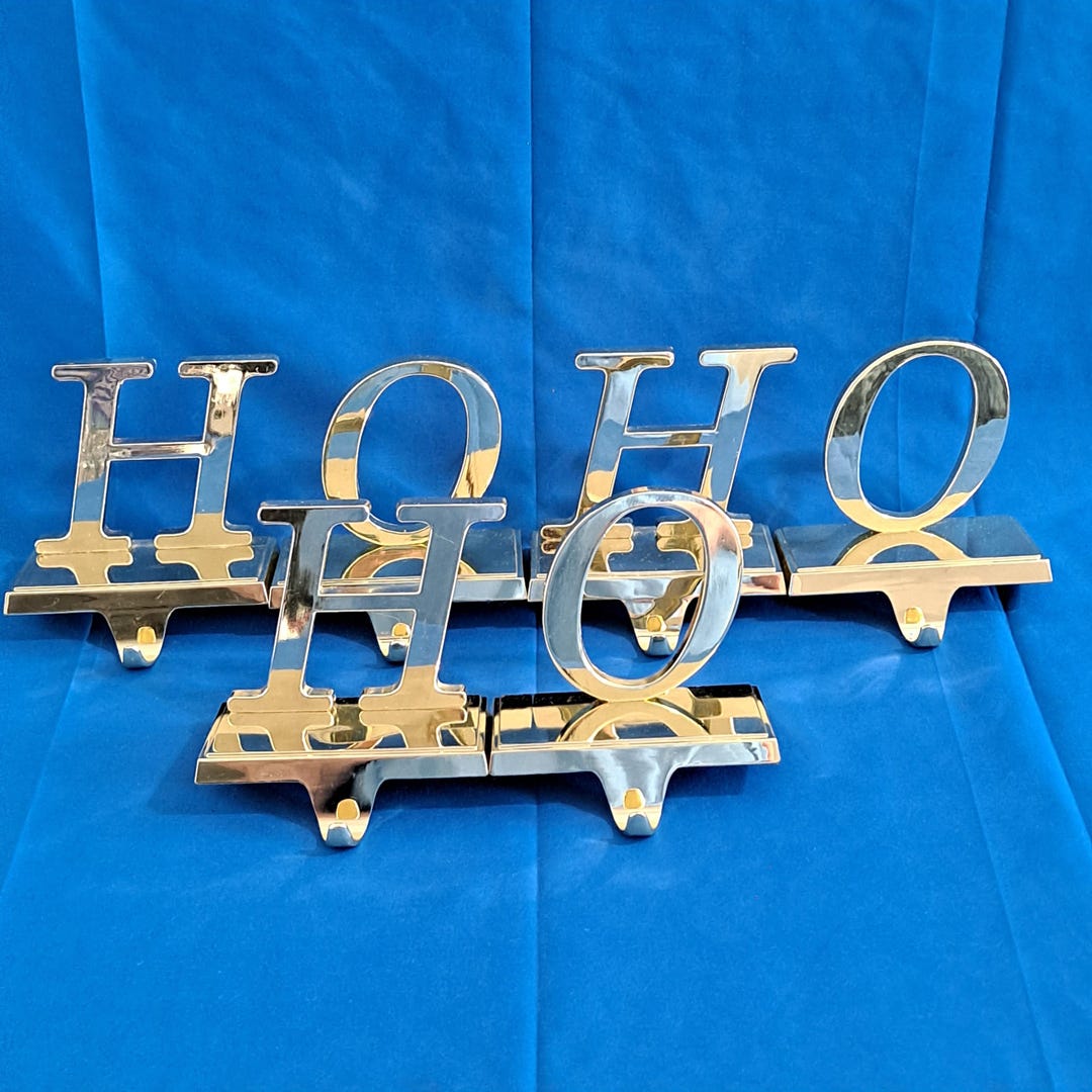 Lot 6 Metal Gold HO Ho Ho Christmas STOCKING HANGERS Holder Mantel Hook ...