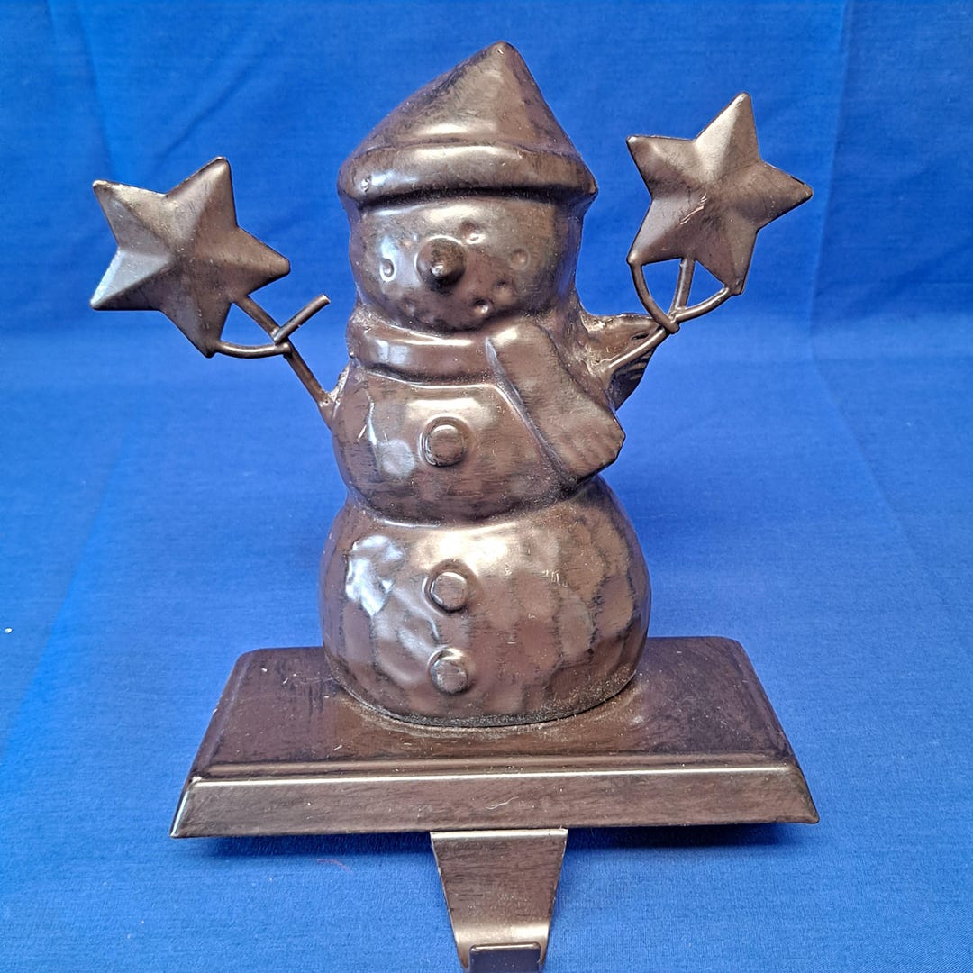 SNOWMAN Christmas STOCKING HOLDER Resin Mantel Hanger Brown Metal Hook ...