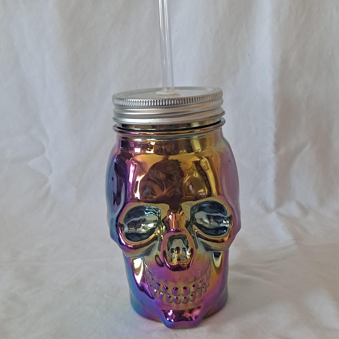 Rainbow SKULL DRINKING GLASS W/straw Lid Halloween Skeleton Head Jar ...