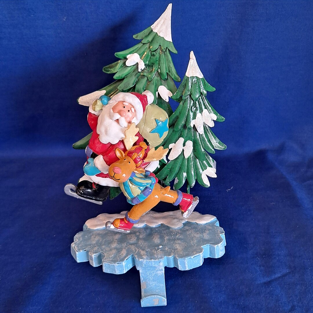 Metal SANTA Claus Reindeer BOBBLEHEAD Christmas STOCKING Hanger Mantel ...