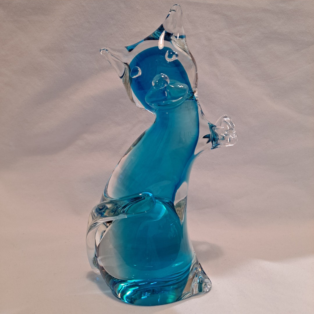 Hand Blown Art GLASS CAT FIGURINE Clear Blue Inner 6 1/2" Tall ...