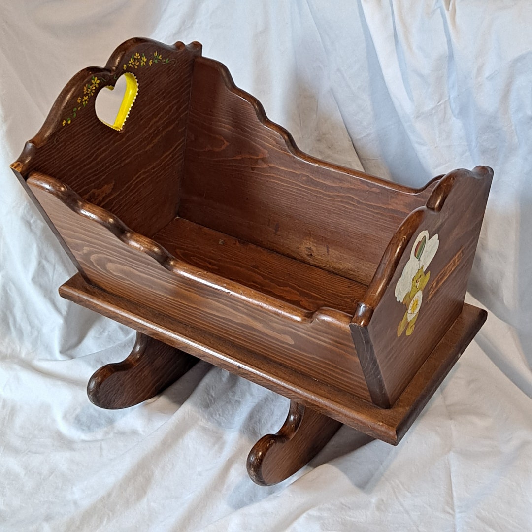 WOOD DOLL Rocking CRADLE Wooden Baby Crib Bed 19" Long Rocker Care Bear ...