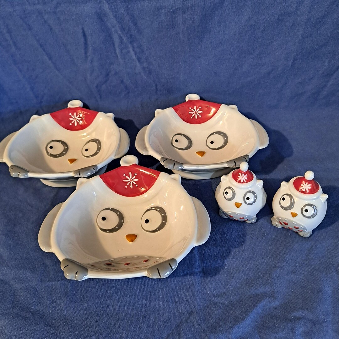 Vintage Set 3 Christmas Nauvoo House OWL BOWLS Salt & Pepper Shaker Set ...
