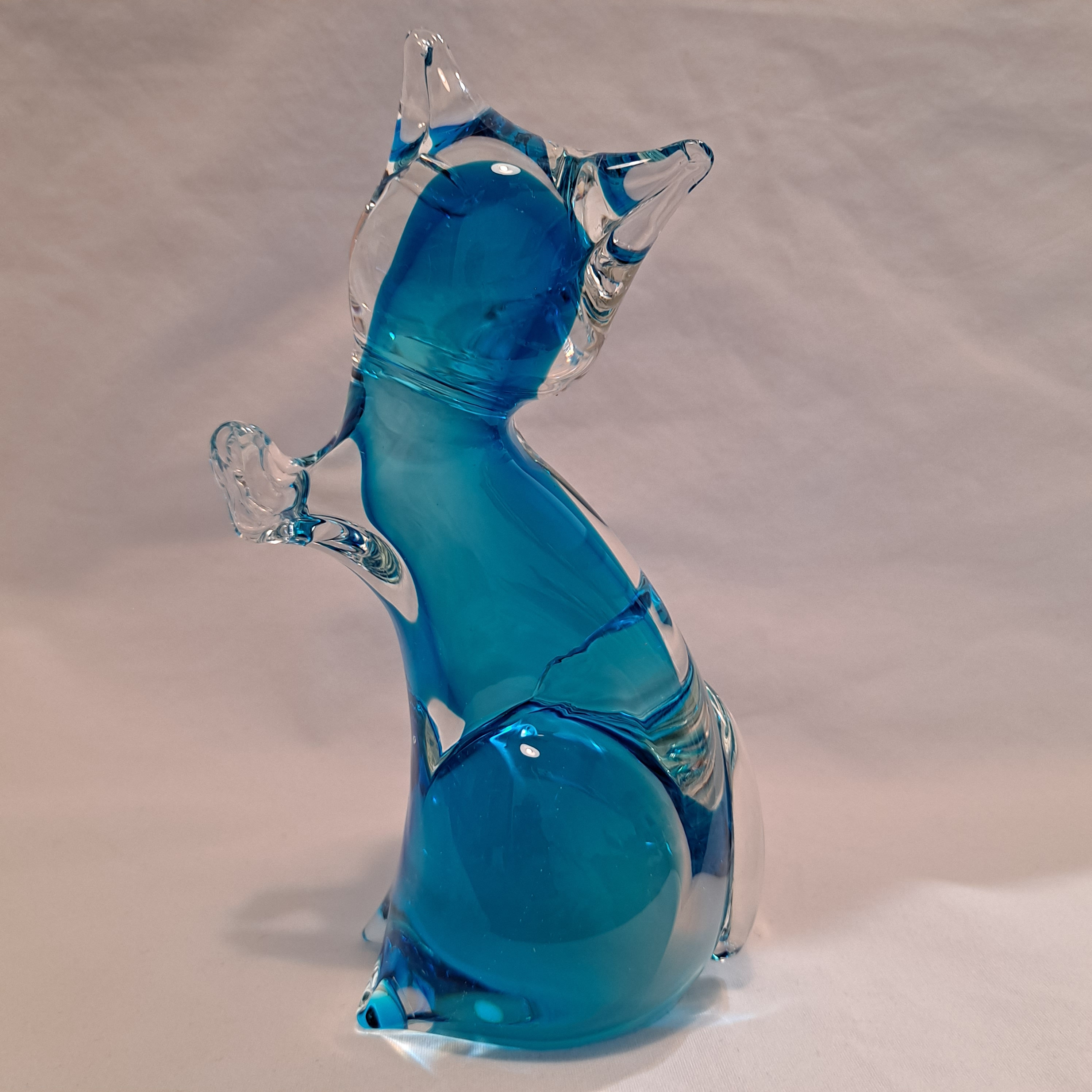 Hand Blown Art GLASS CAT FIGURINE Clear Blue Inner 6 1/2 Tall ...