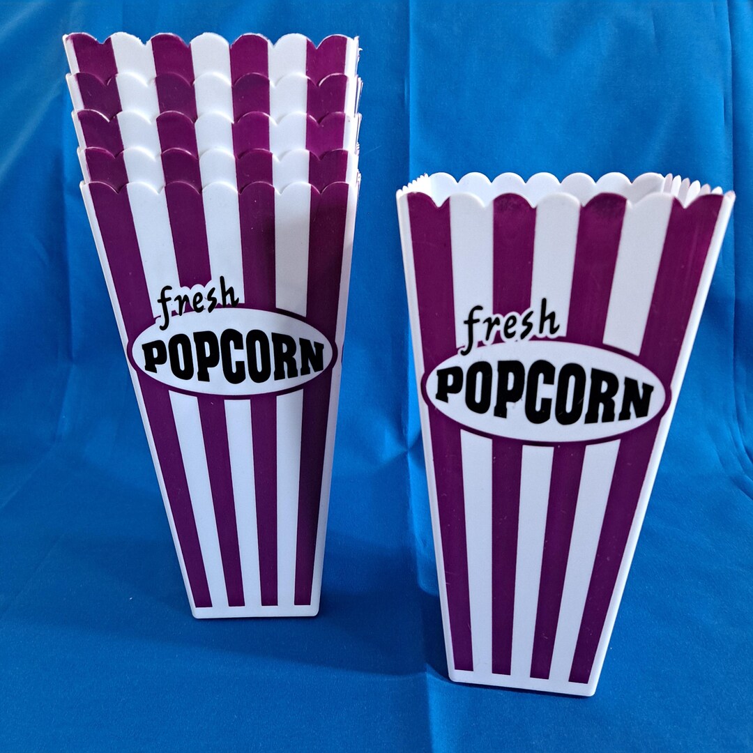 Set 6 Retro FRESHLY Popped POPCORN TUBS Purple White Bowls Bucket Movie ...