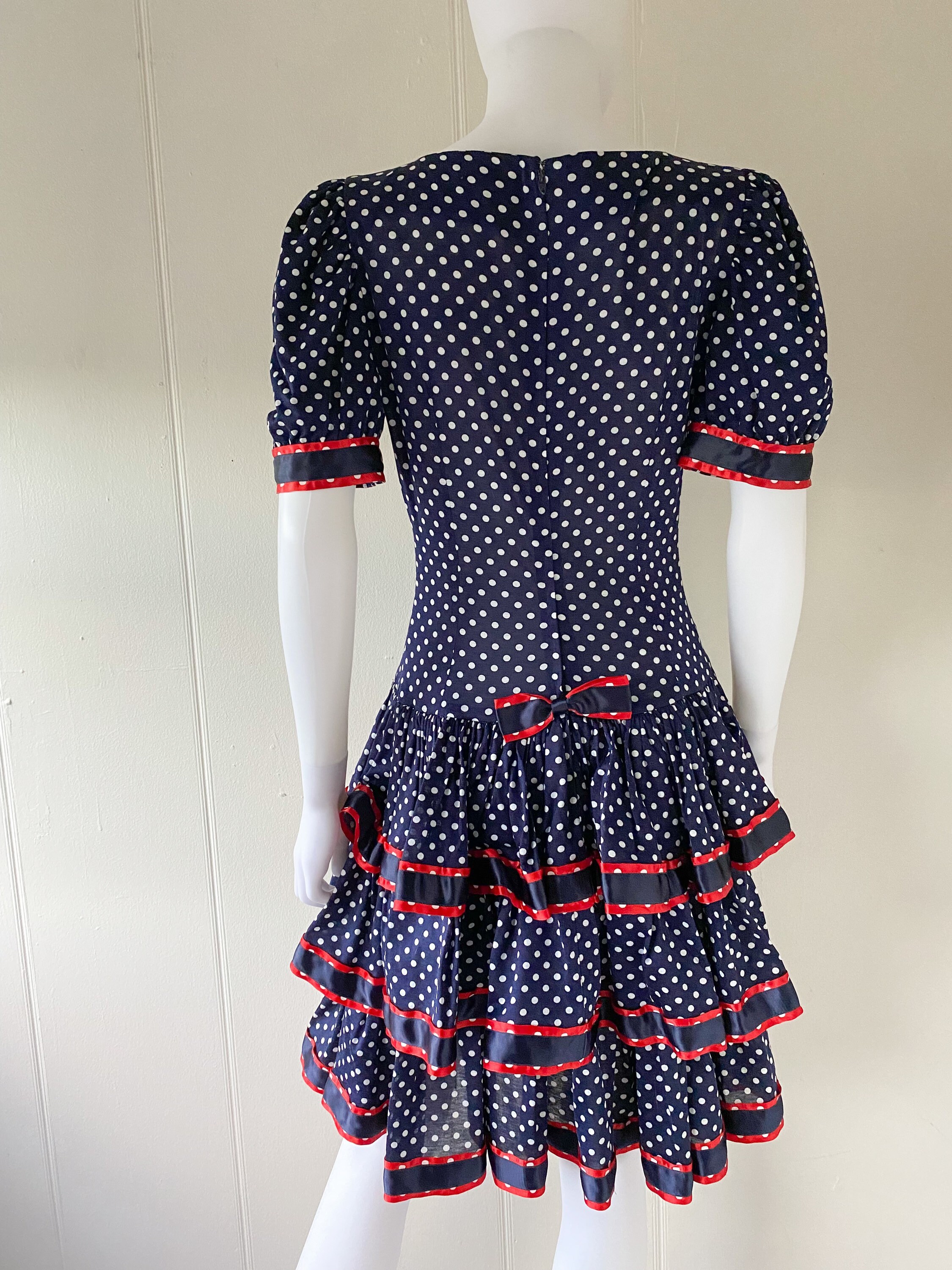 Vintage 1980's Giorgio Grati Balloon Sleeve Ruffle Skirt Polka Dot Mini ...