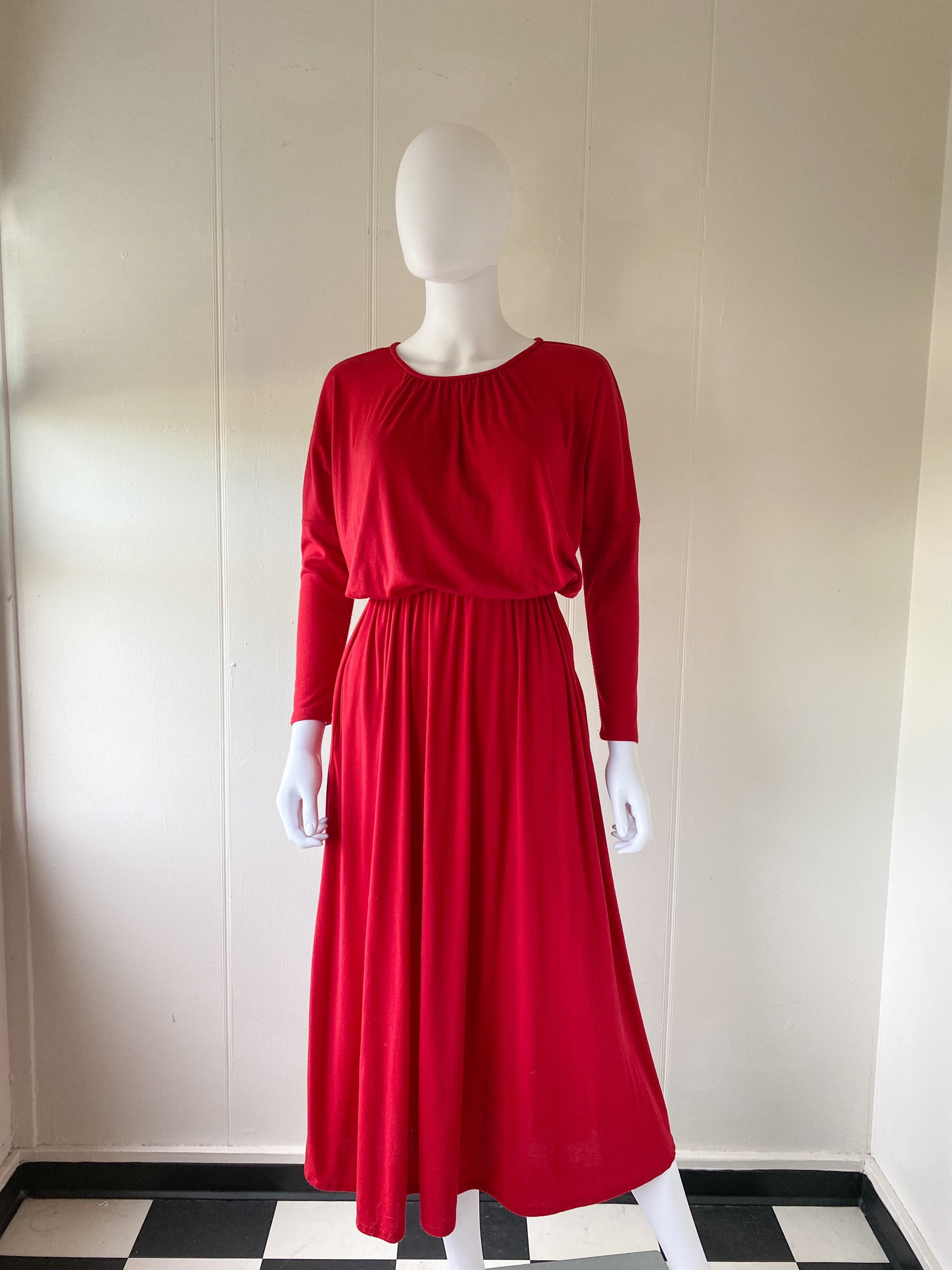 Vintage 1970's Clovis Ruffin Red Long Sleeve Jersey Dress | Small - Etsy