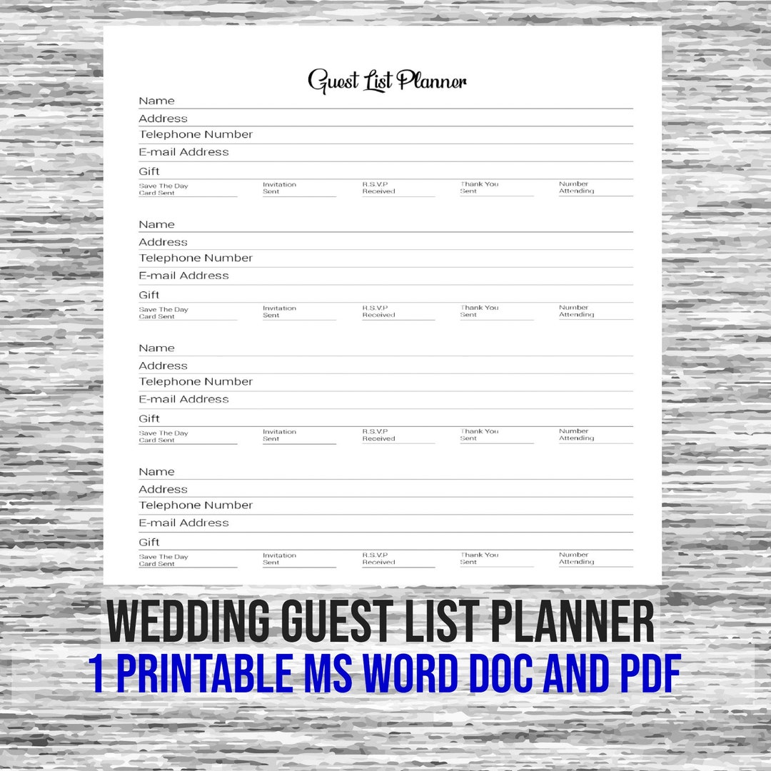 Digital Download, Wedding Guest List Planner Page, Wedding Party Guests ...