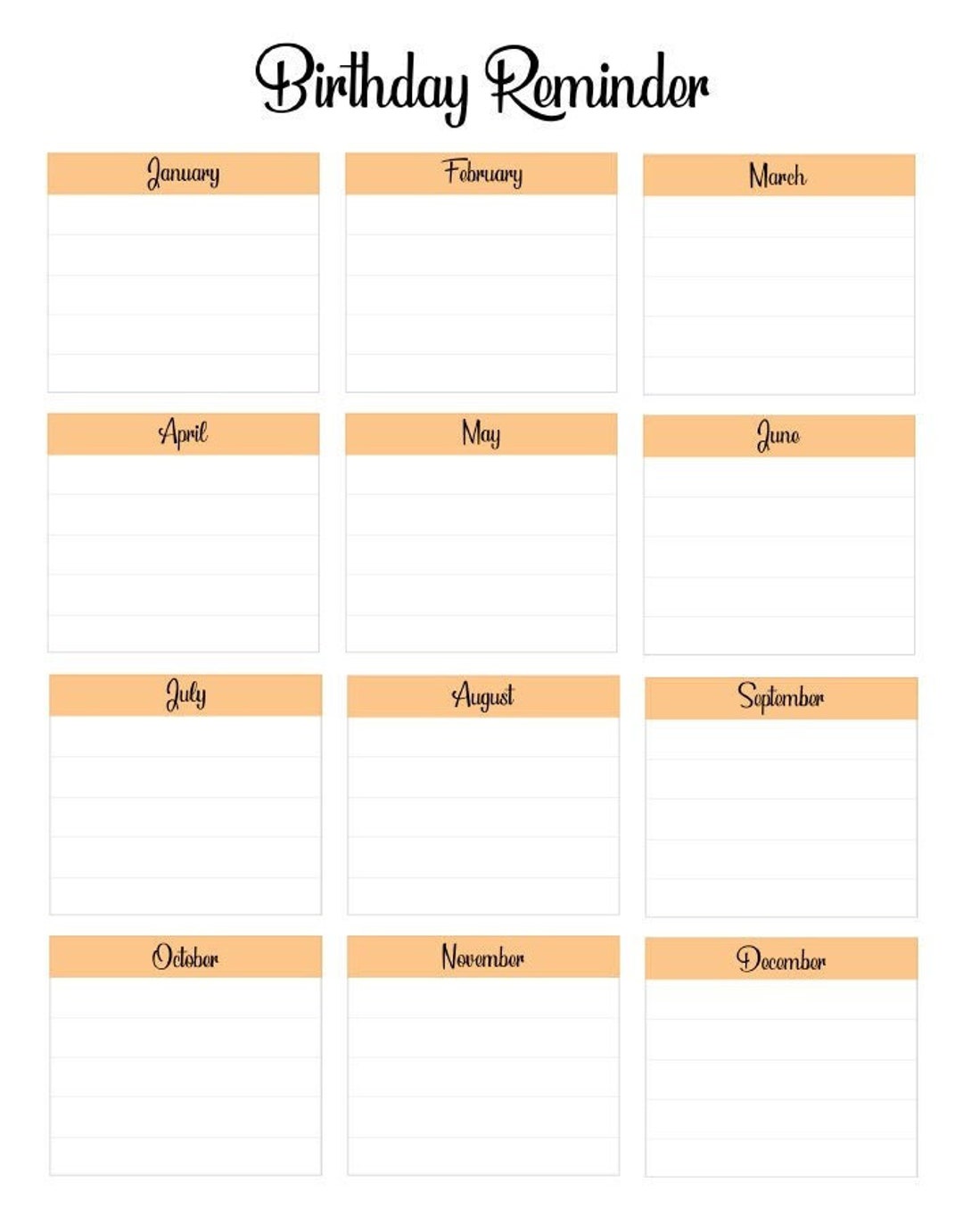 Birthday Reminder Printable: B-day Tracker Calendar (pocket, Letter ...