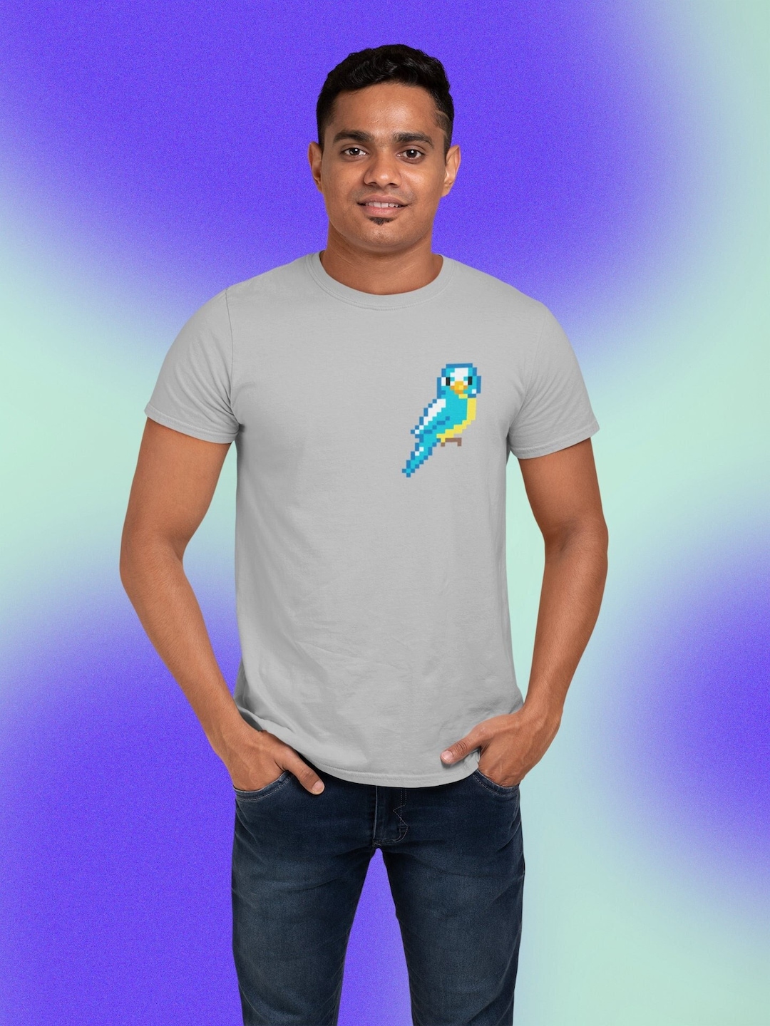 8-bit Pixelated Parakeet Shirt, Parakeet Pocket Graphic, Women's, Men's ...