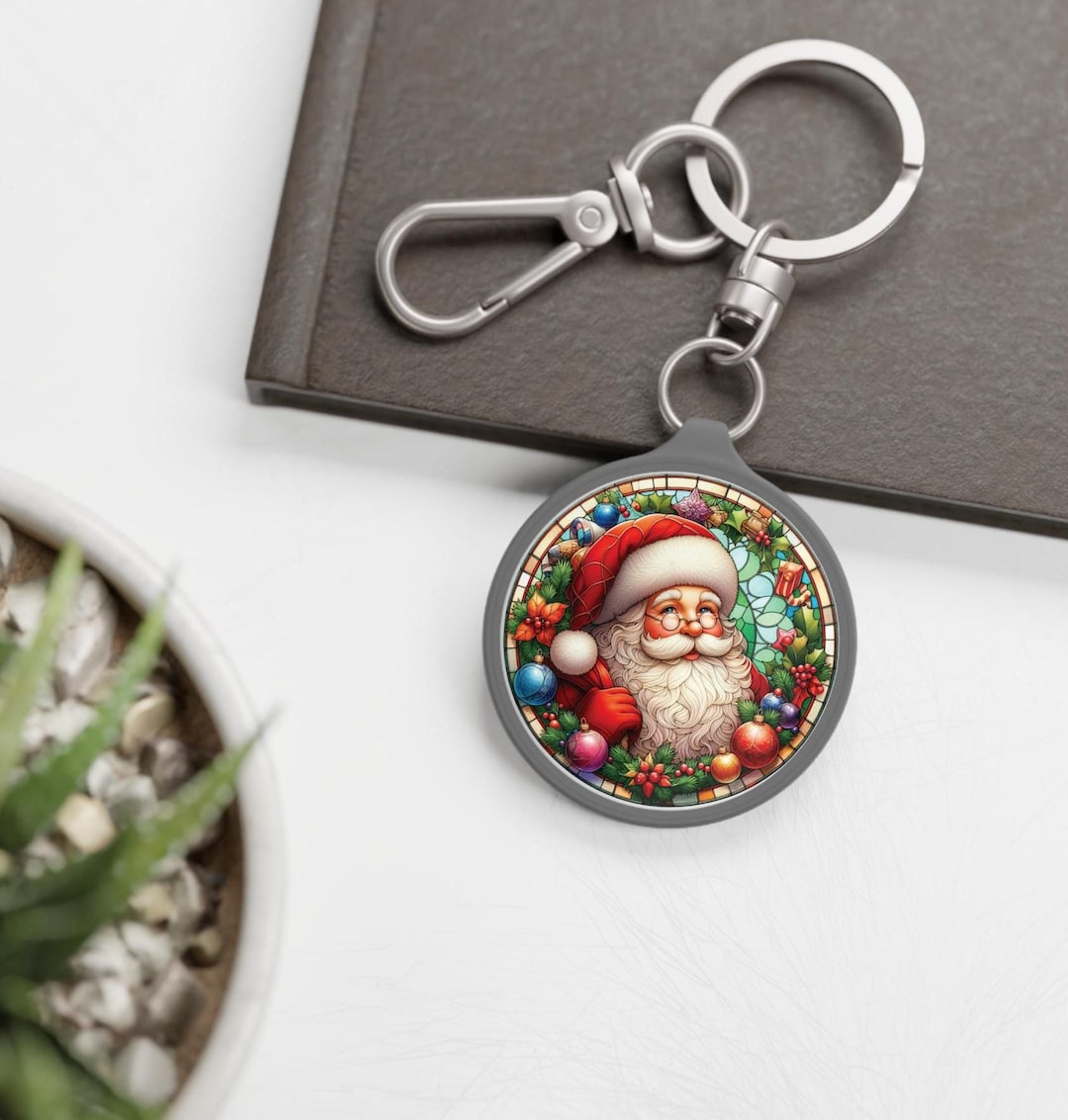 Santa Stained Glass Keychain, Christmas Gift Keyring, Santa Holiday ...
