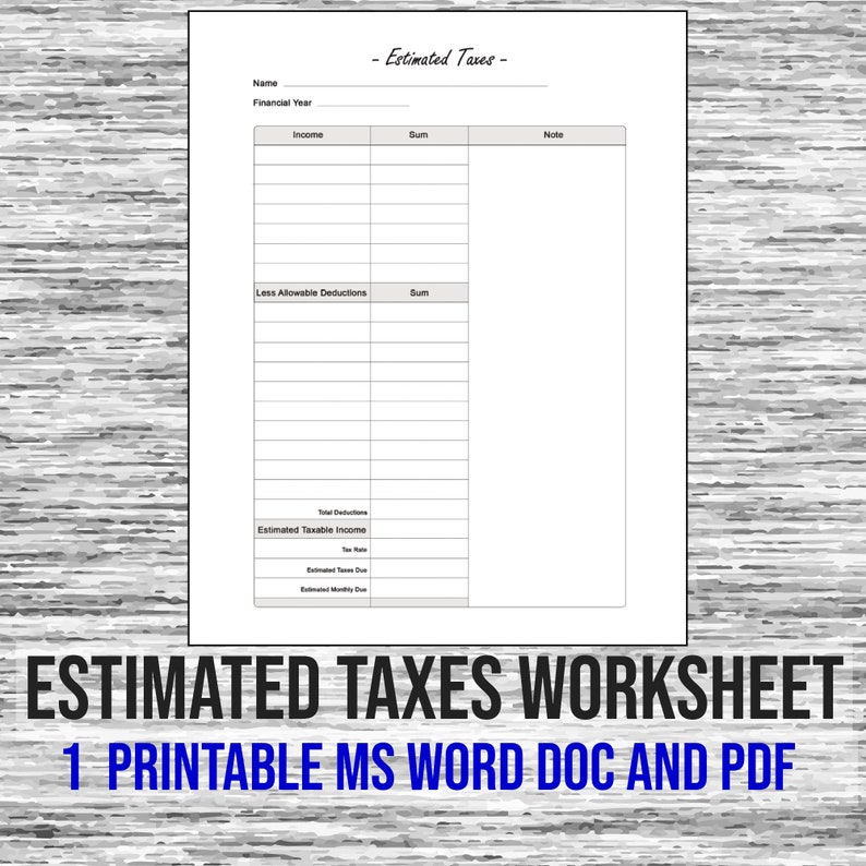Estimated Taxes Worksheet, Printable MS Word & PDF (digital Download ...