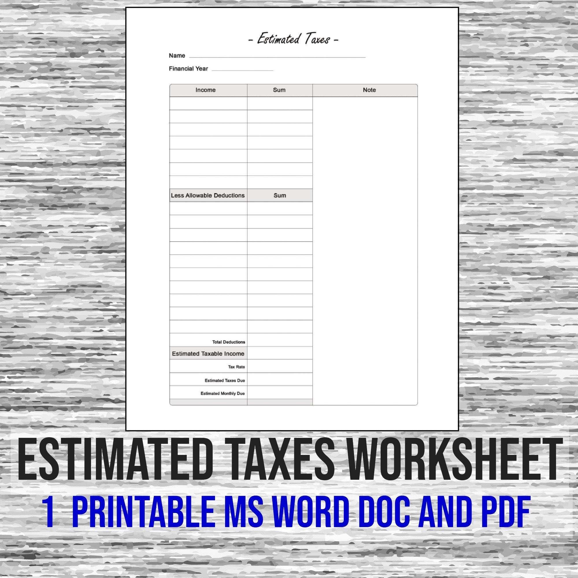 Digital Download, Estimated Taxes Worksheet, Annual Taxes Worksheet ...