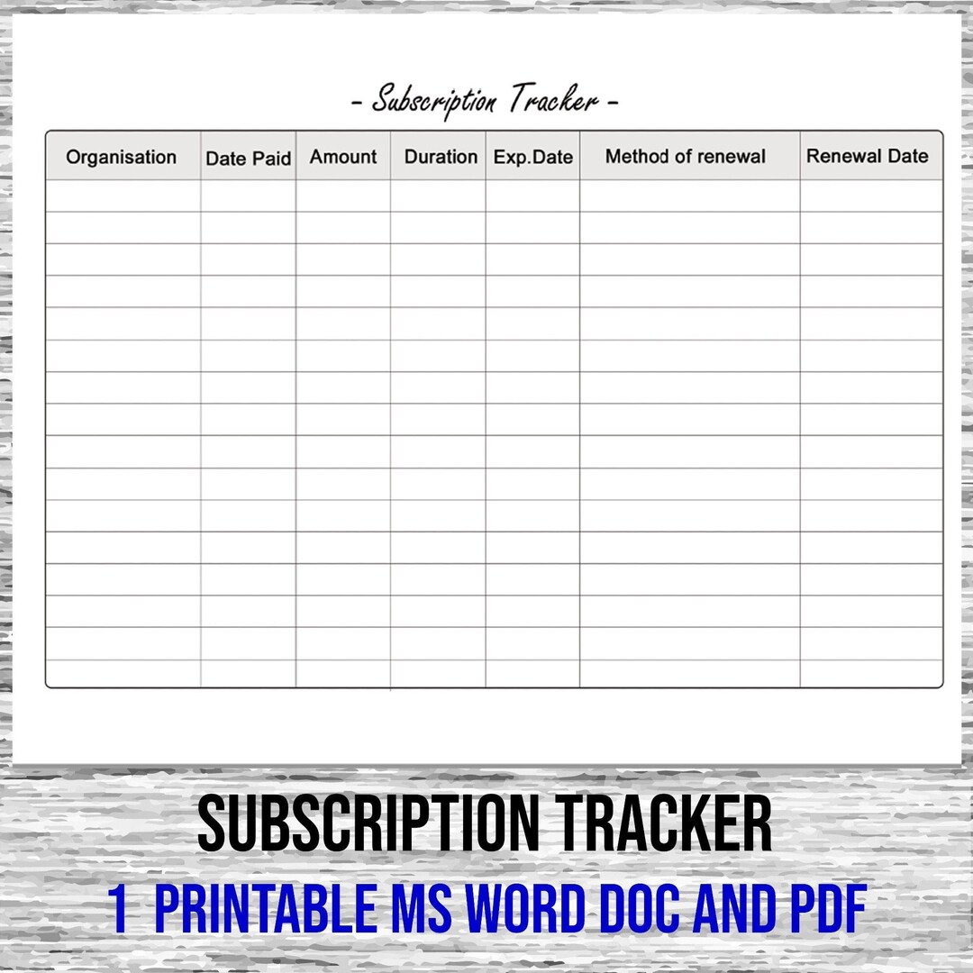 Subscription Tracker Sheet: Printable PDF & Word Doc (digital Download ...