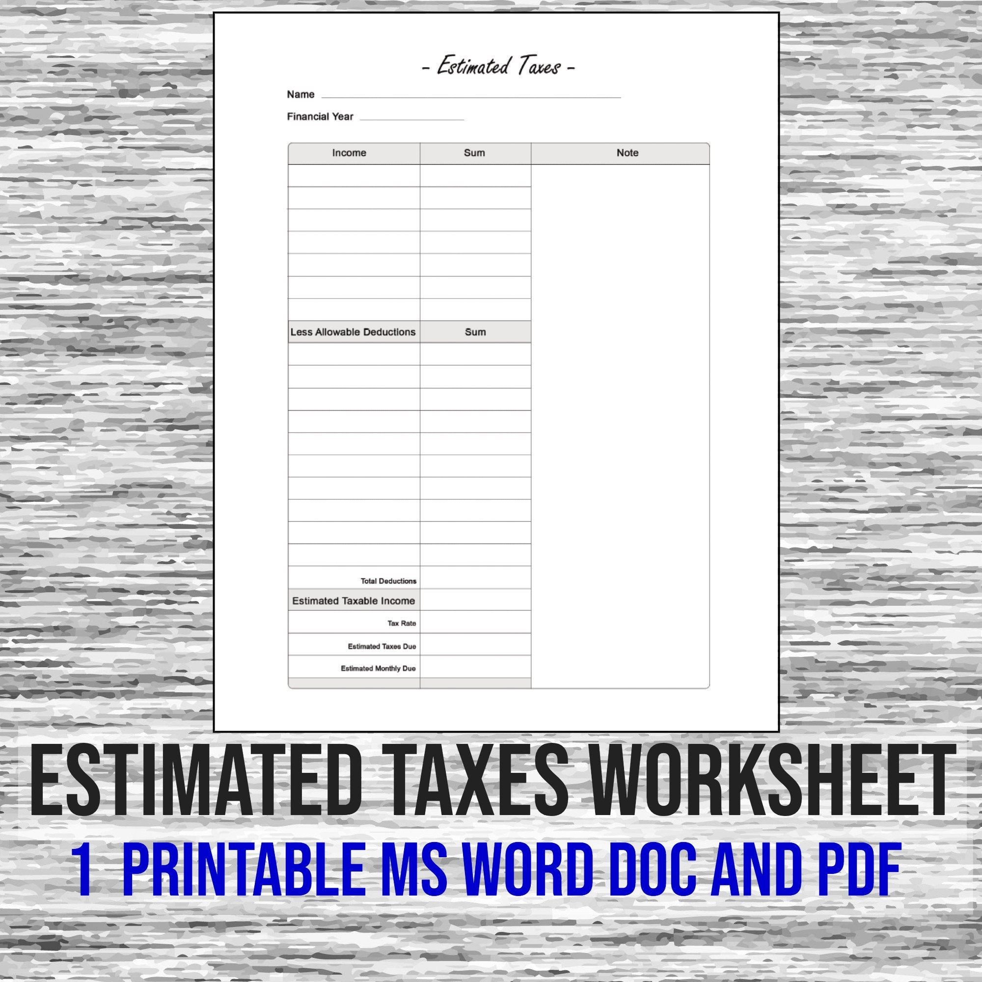Digital Download, Estimated Taxes Worksheet, Annual Taxes Worksheet ...