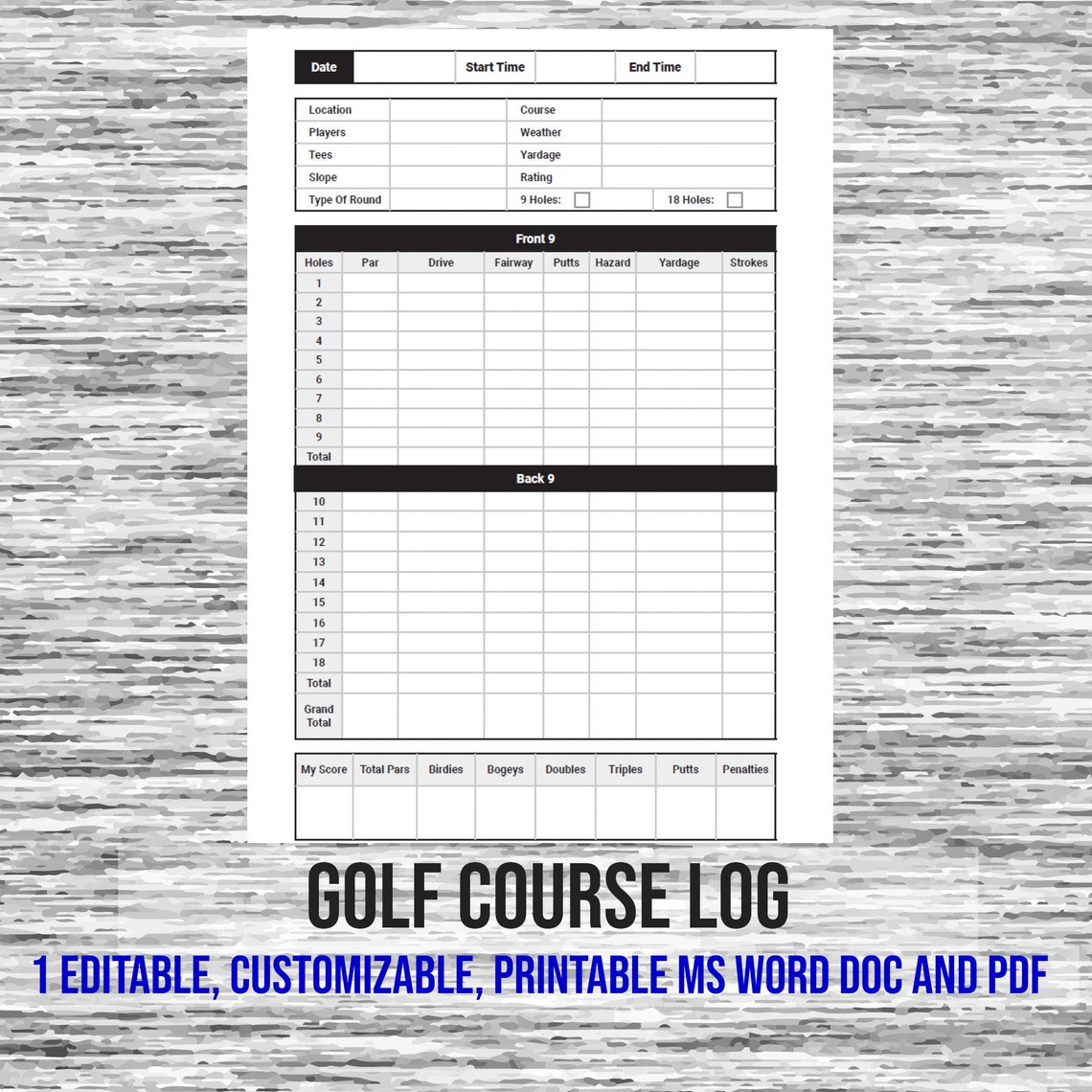 Digital Download, Golf Course Log, Golf Course Score Log, Golf Score ...