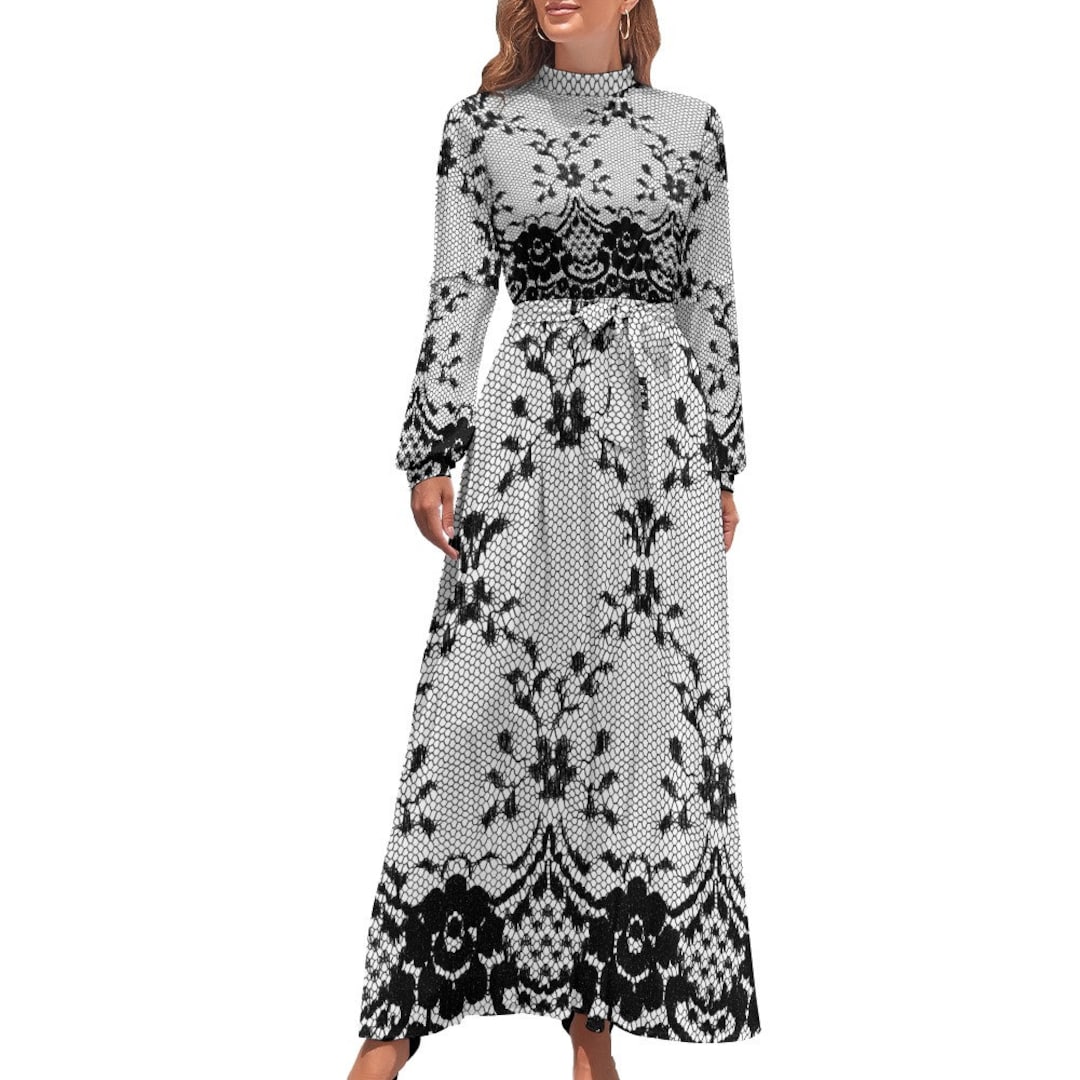 Luxurious Modest Boho Lace-like Dress With Belt,event Long Tunic,spring ...