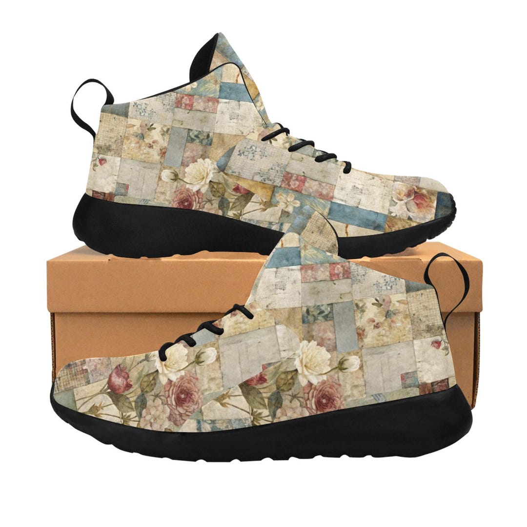 XL Patchwork Print High-top Sneakers,large Size Lace-up Shoes,unique ...