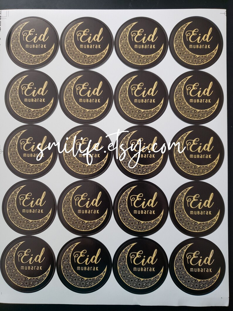 Paper, Party & Kids 20pcs Black & Gold Eid Mubarak Round Stickers ...