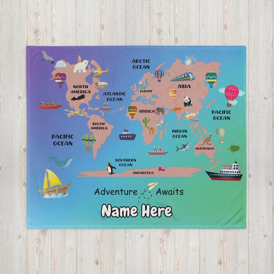 Personalized Kids World Map, Baby Name Blanket, Custom Baby Blanket ...
