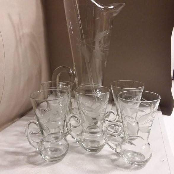 Vintage Etched Glass Pitcher and Glass Set With Glass Stirrer | Etsy