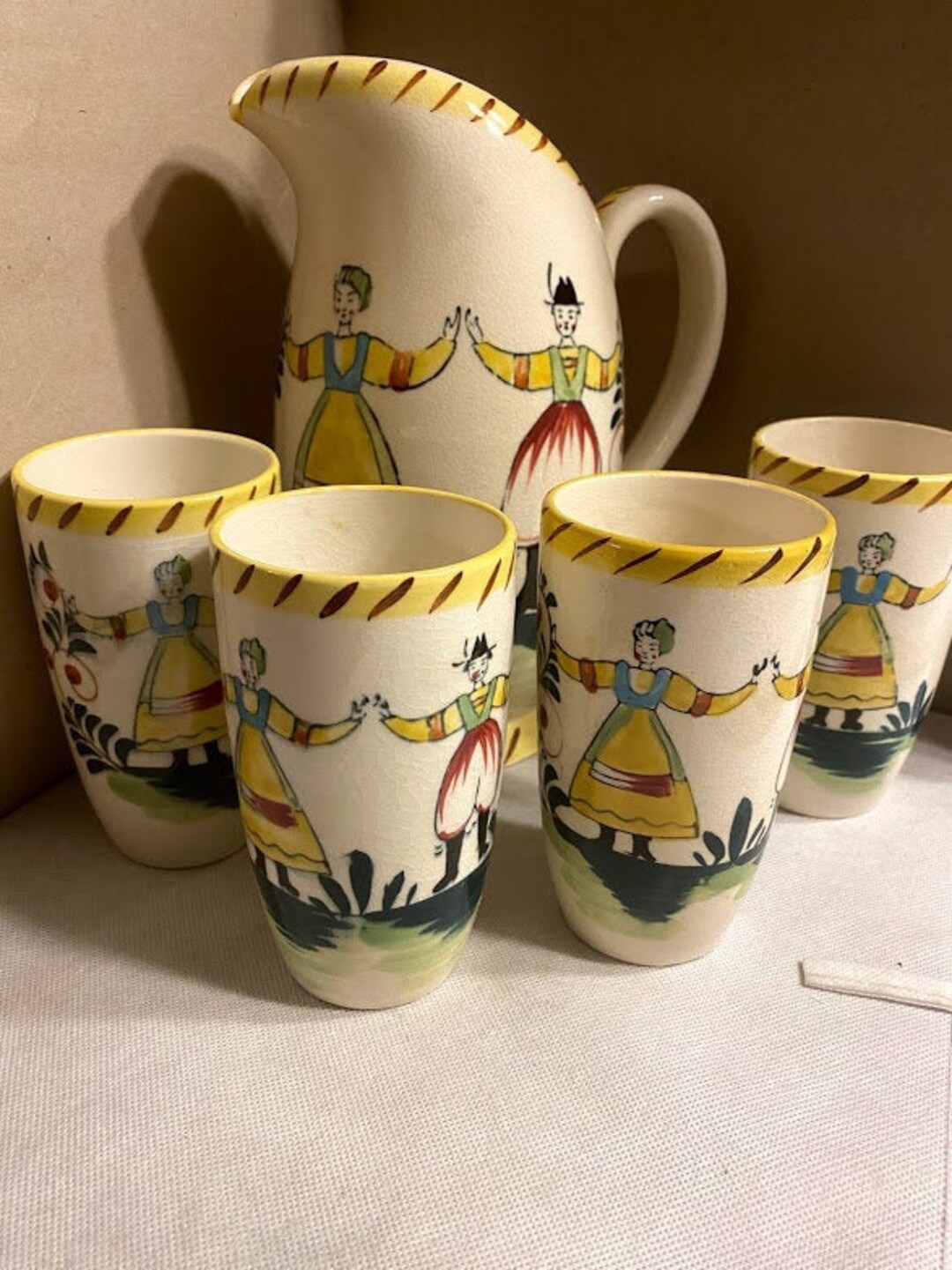 Vintage Hand Painted Ceramic Pitcher With Cups, Folk Art Decor - Etsy