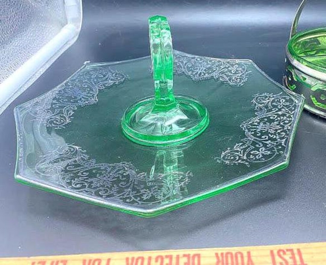 Uranium Depression Glass Tidbit Tray With Silver Overlay - Etsy
