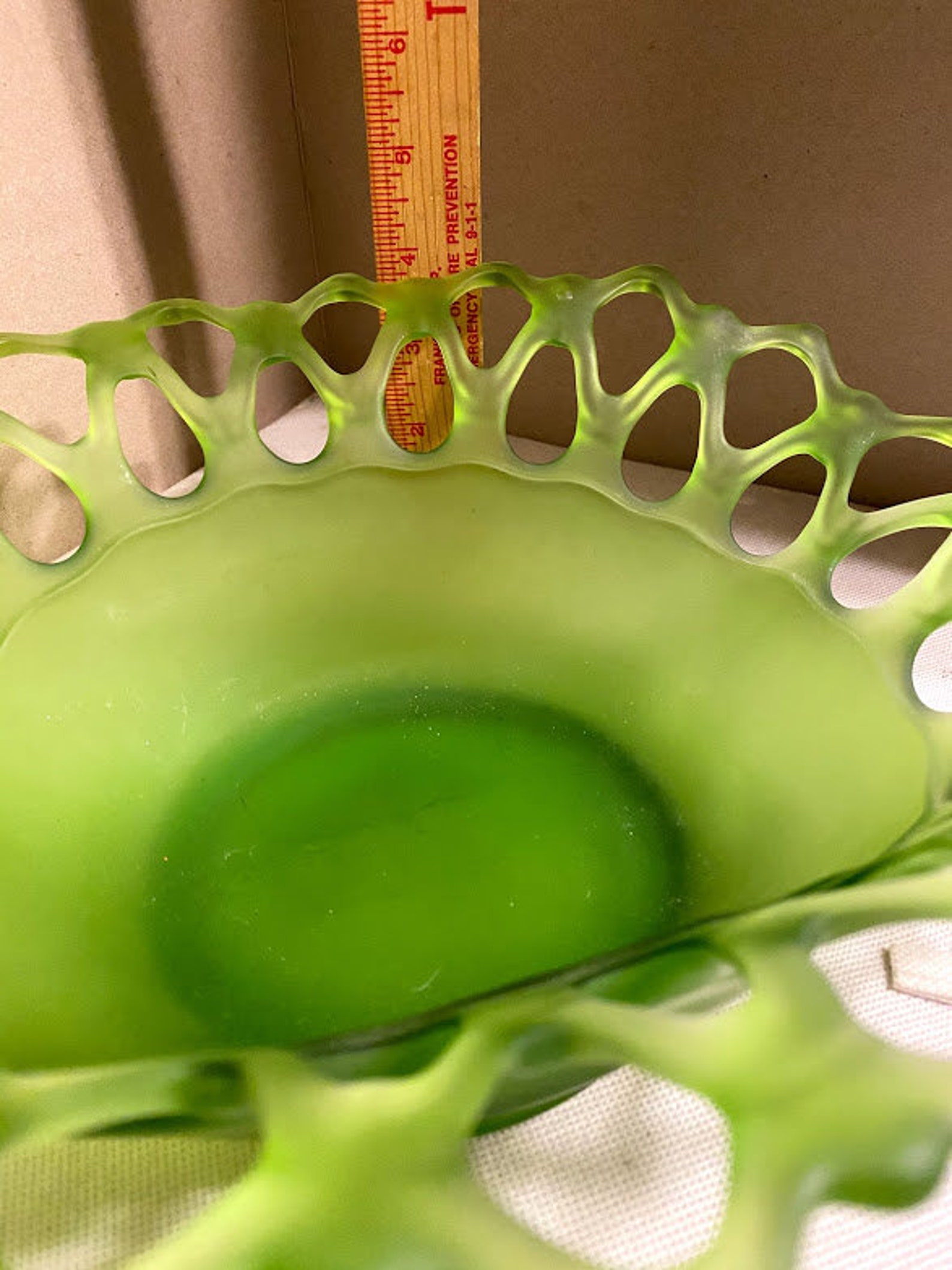 Large Forest Green Frosted Glass Bowl W Lace Reticulated Etsy
