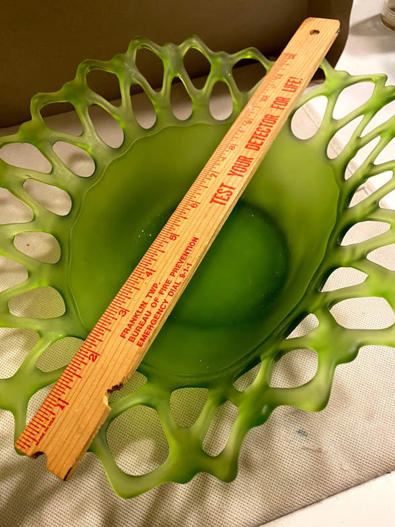 Large Forest Green Frosted Glass Bowl W Lace Reticulated Etsy