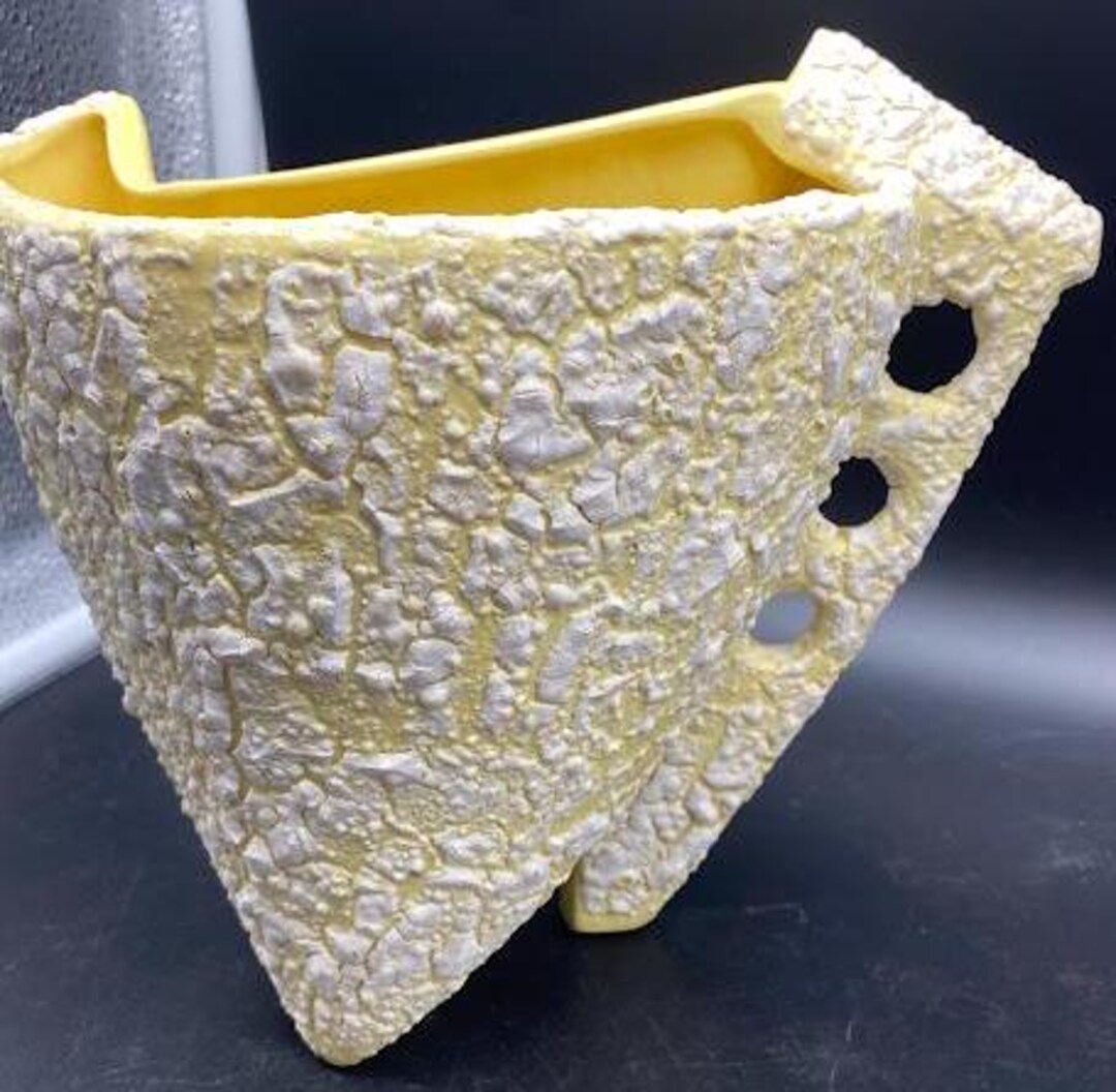 MCM Yellow Crackle Textured V Shaped Vase or Planter Signed Hobbyist ...