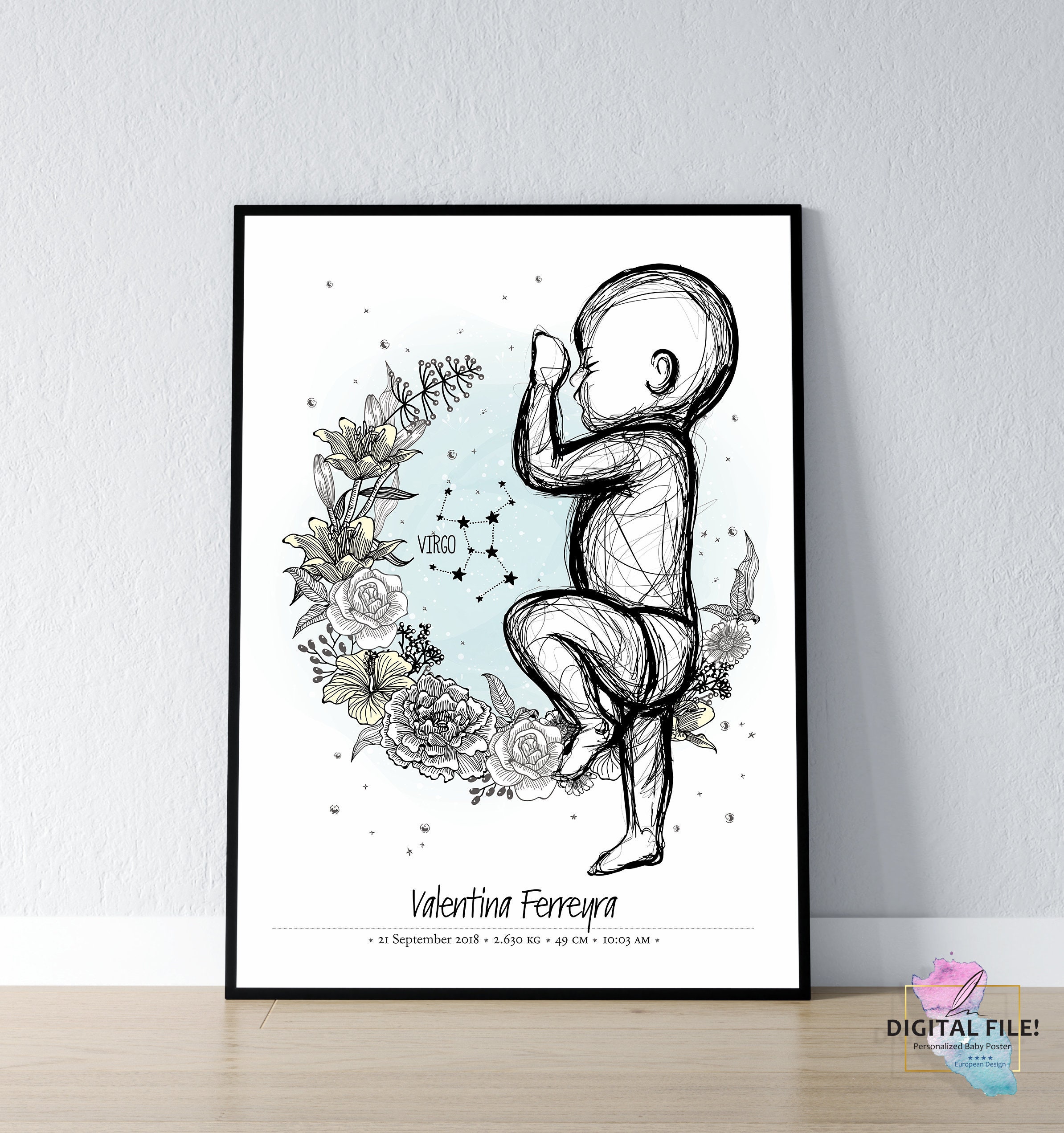 Birth Poster in Scale 1:1 Personalized Baby Poster Zodiac - Etsy UK
