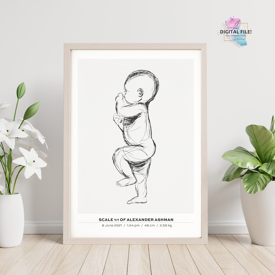 Personalised Baby Poster, Illustration of a Newborn in Scale 1:1, Birth ...