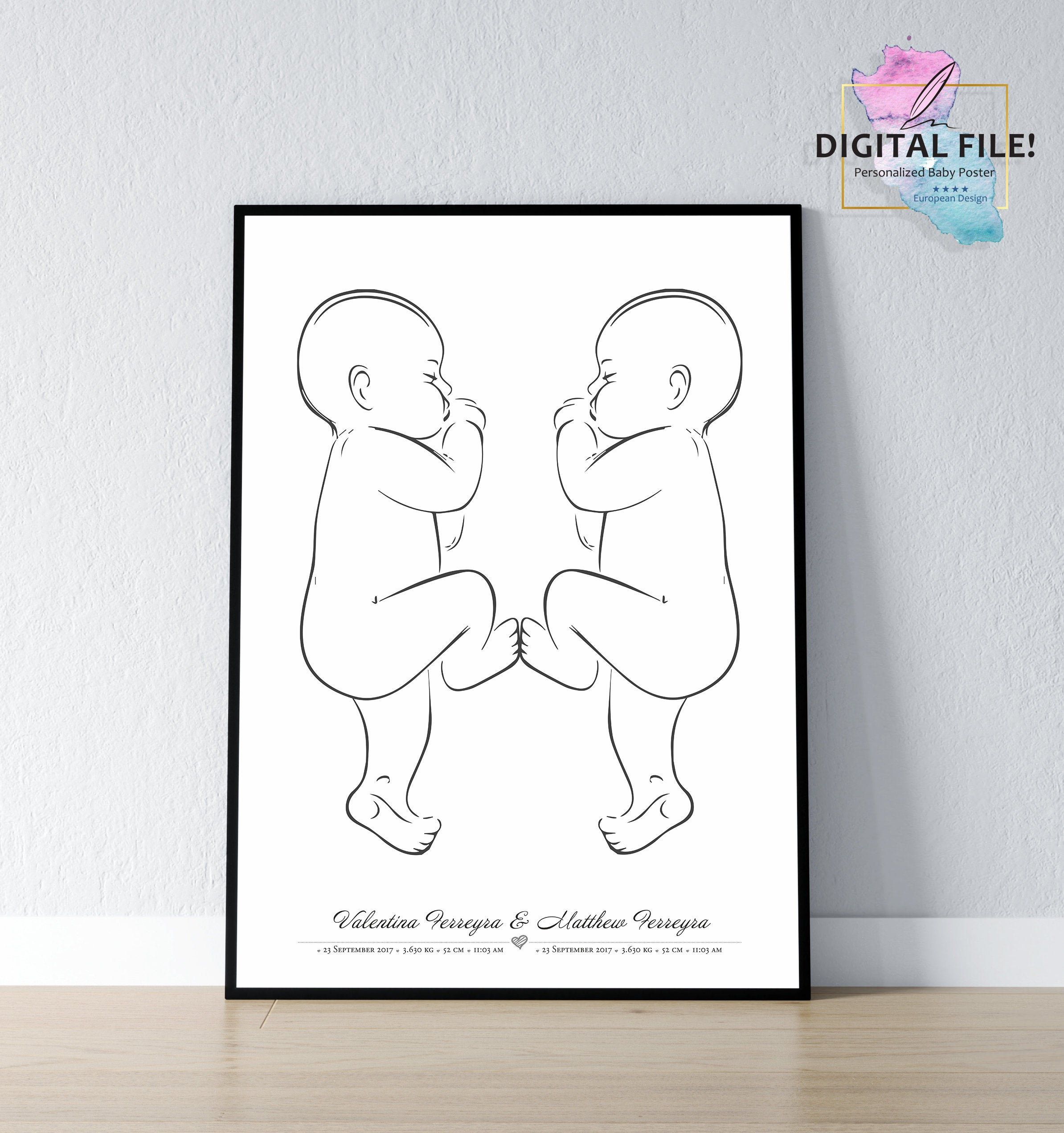 Birth Poster in Scale 1:1 Twin Baby Poster Digital Files | Etsy