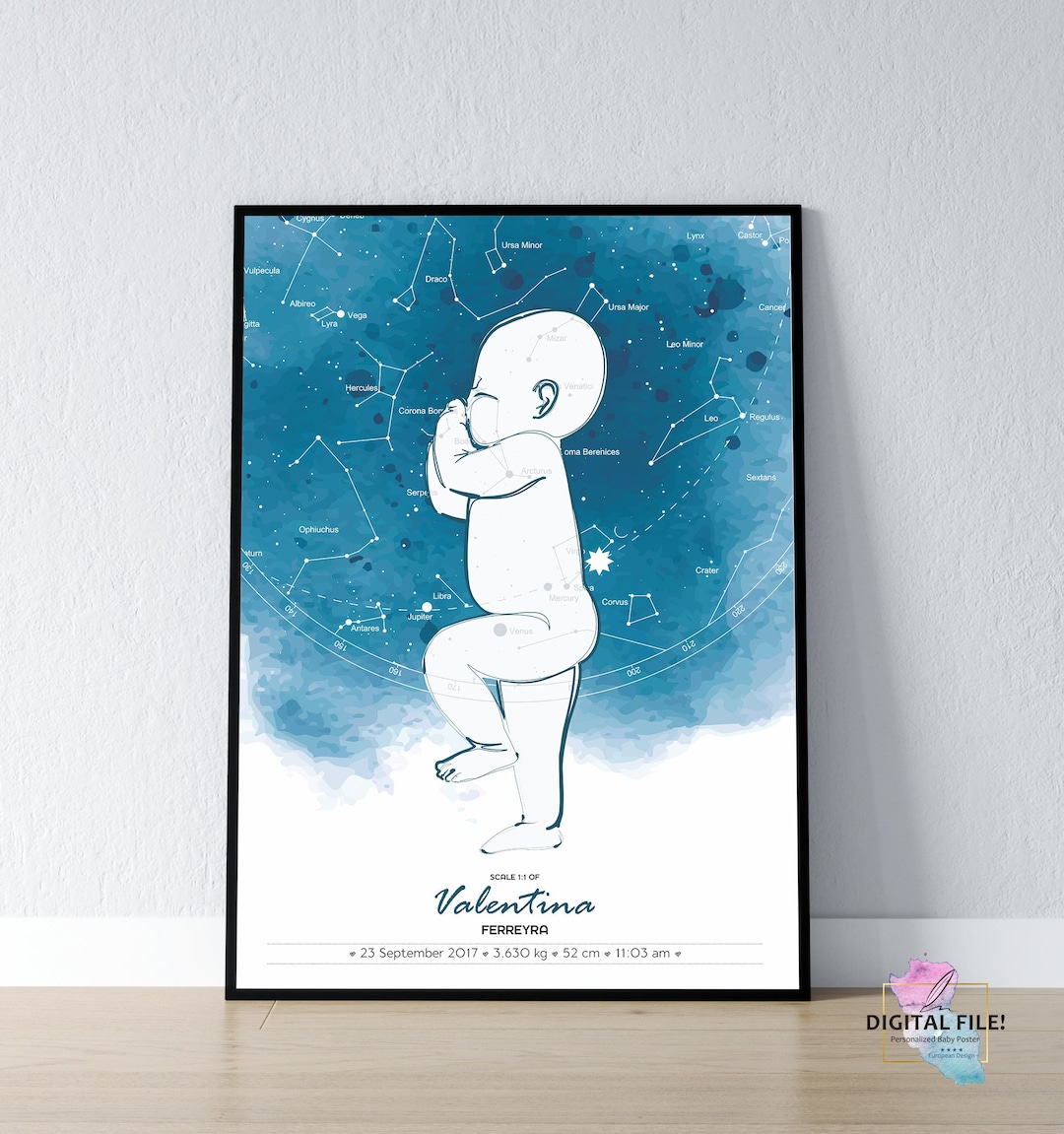 Birth Poster in Scale 1:1 | Custom Star Map | Personalized Baby Poster ...
