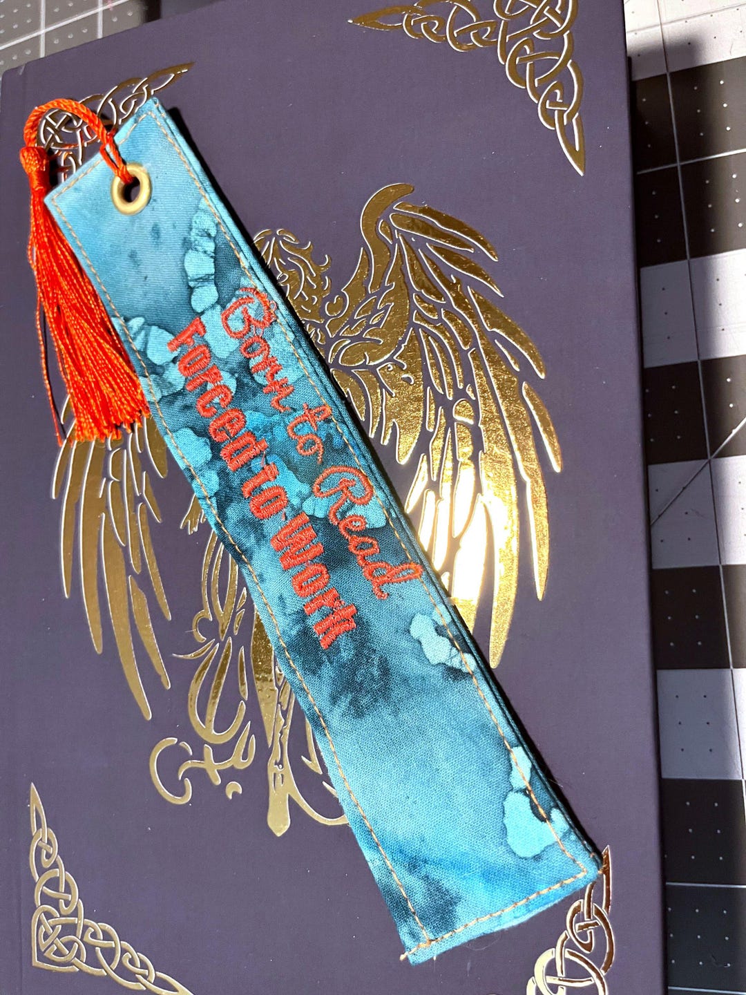 Embroidered Bookmark: Teal Batik Cotton, 'born to Read' Orange Thread ...