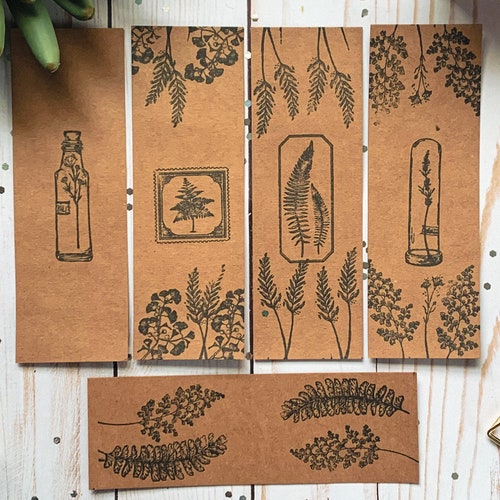 Hand Stamped Kraft Paper Bookmark Set Floral and Botanical | Etsy