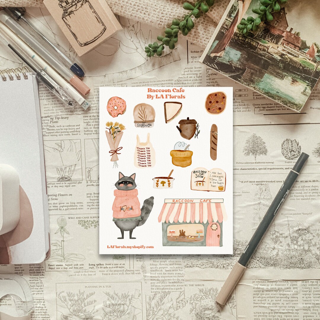 Sticker Sheet - Raccoon Cafe Cottagecore Sheet for Journals and ...