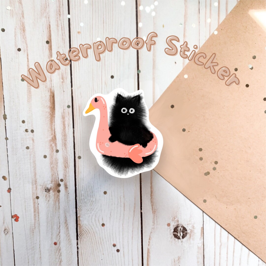 Cat in a Floatie Cat Vinyl Sticker for Laptop and Water Bottles, Black ...