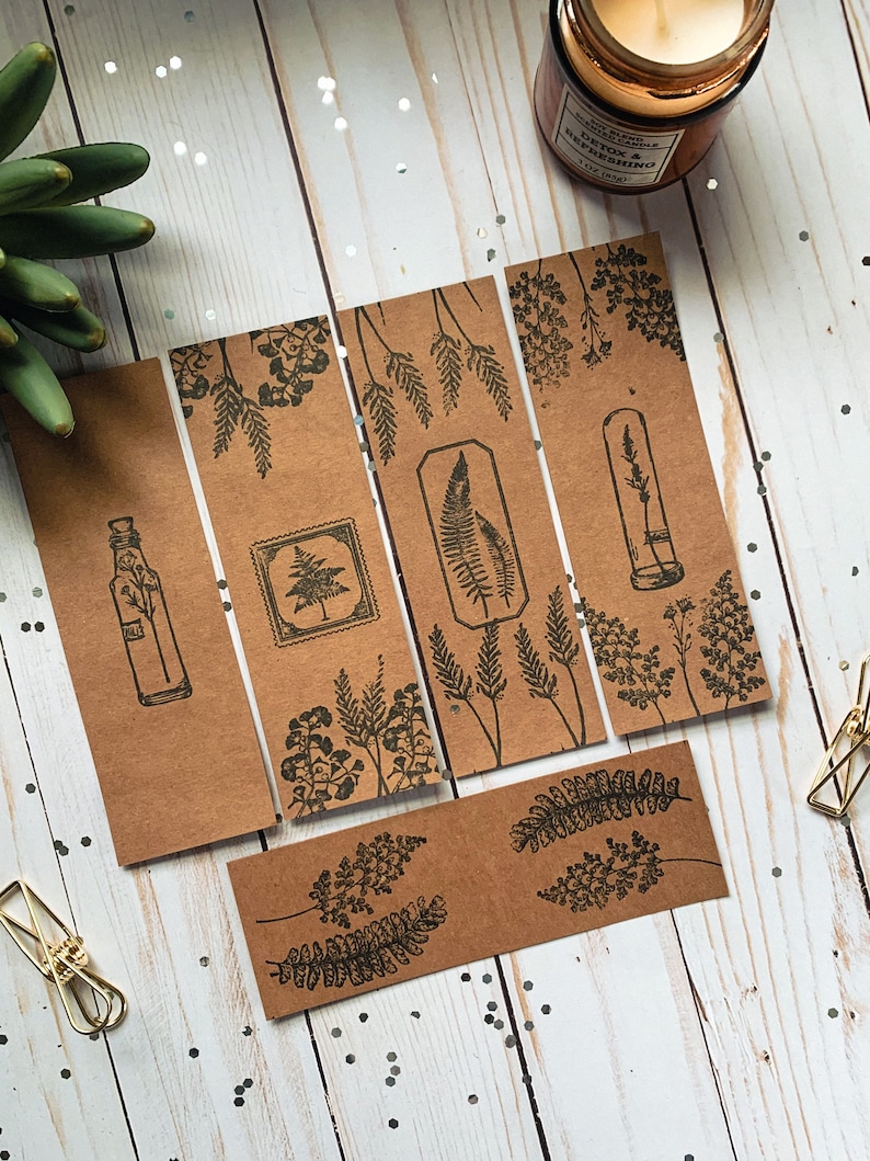 Hand Stamped Kraft Paper Bookmark Set Floral and Botanical | Etsy