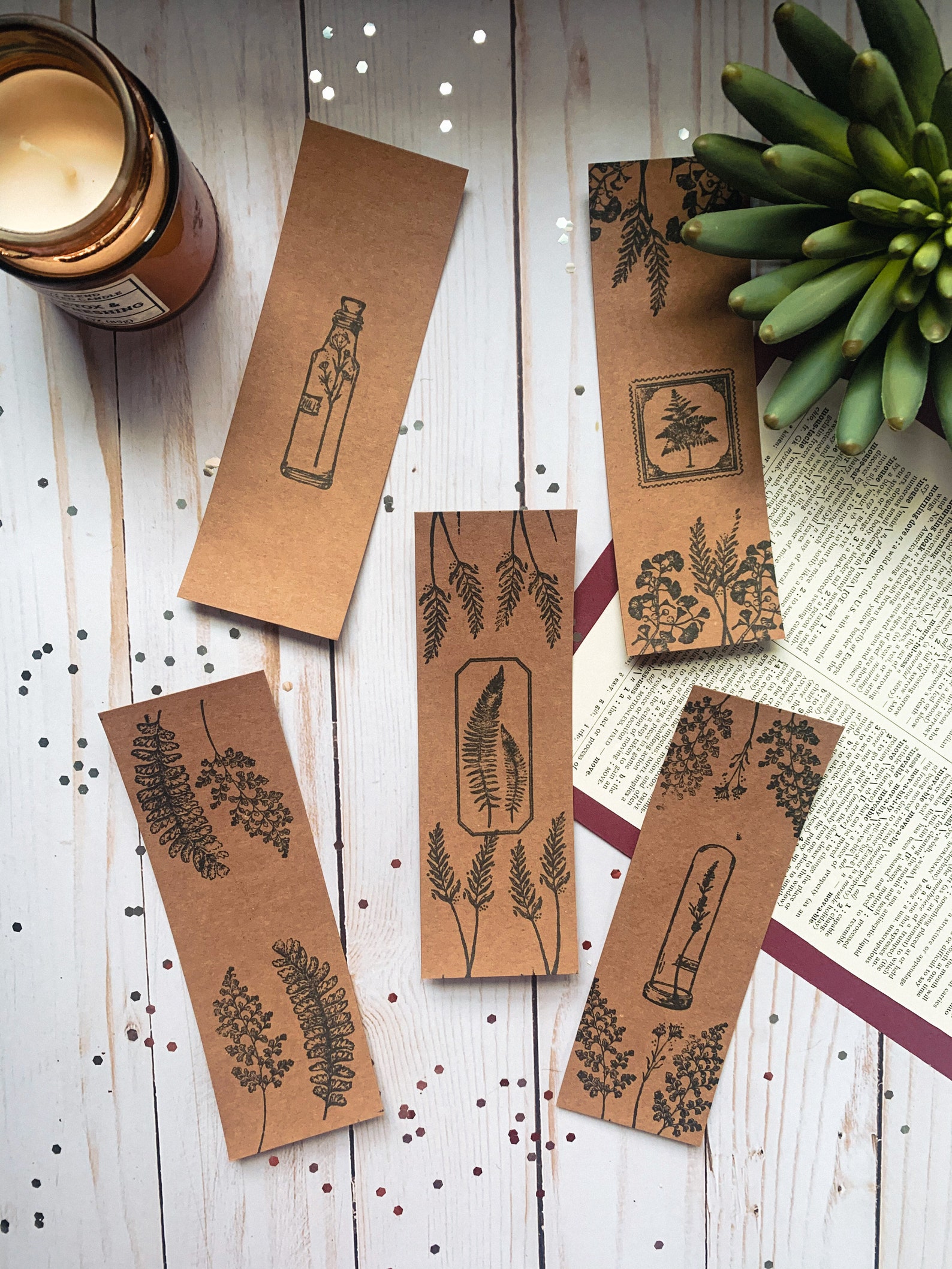 Hand Stamped Kraft Paper Bookmark Set Floral and Botanical | Etsy