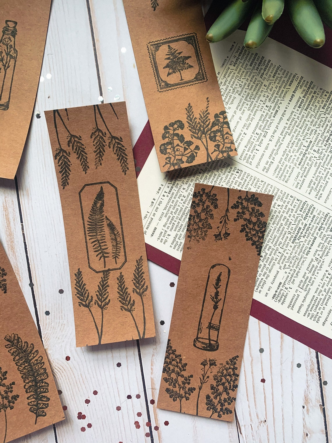 Hand stamped kraft paper bookmark set floral and botanical | Etsy
