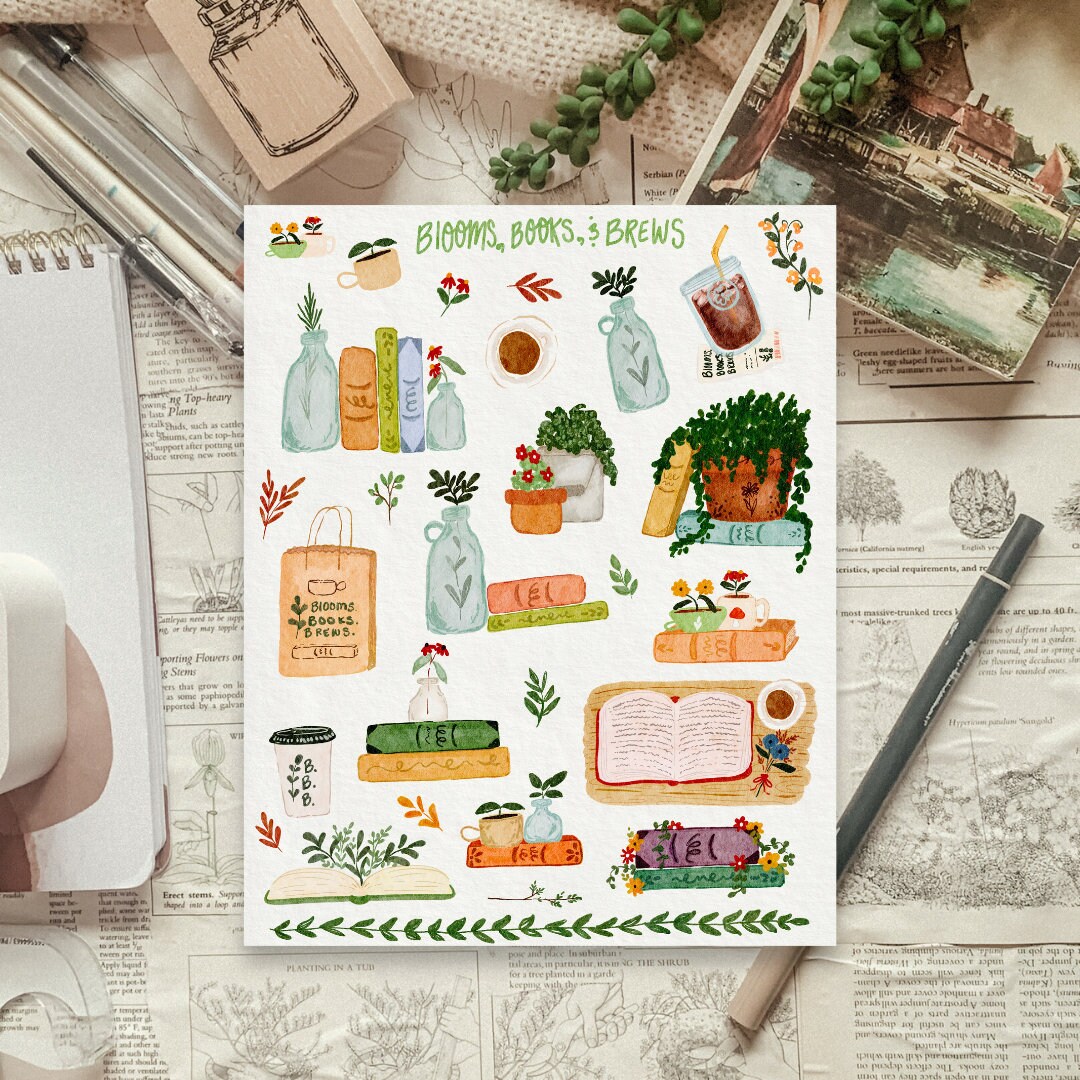 Blooms, Books and Brews Aesthetic Sticker Sheet for Planners and ...