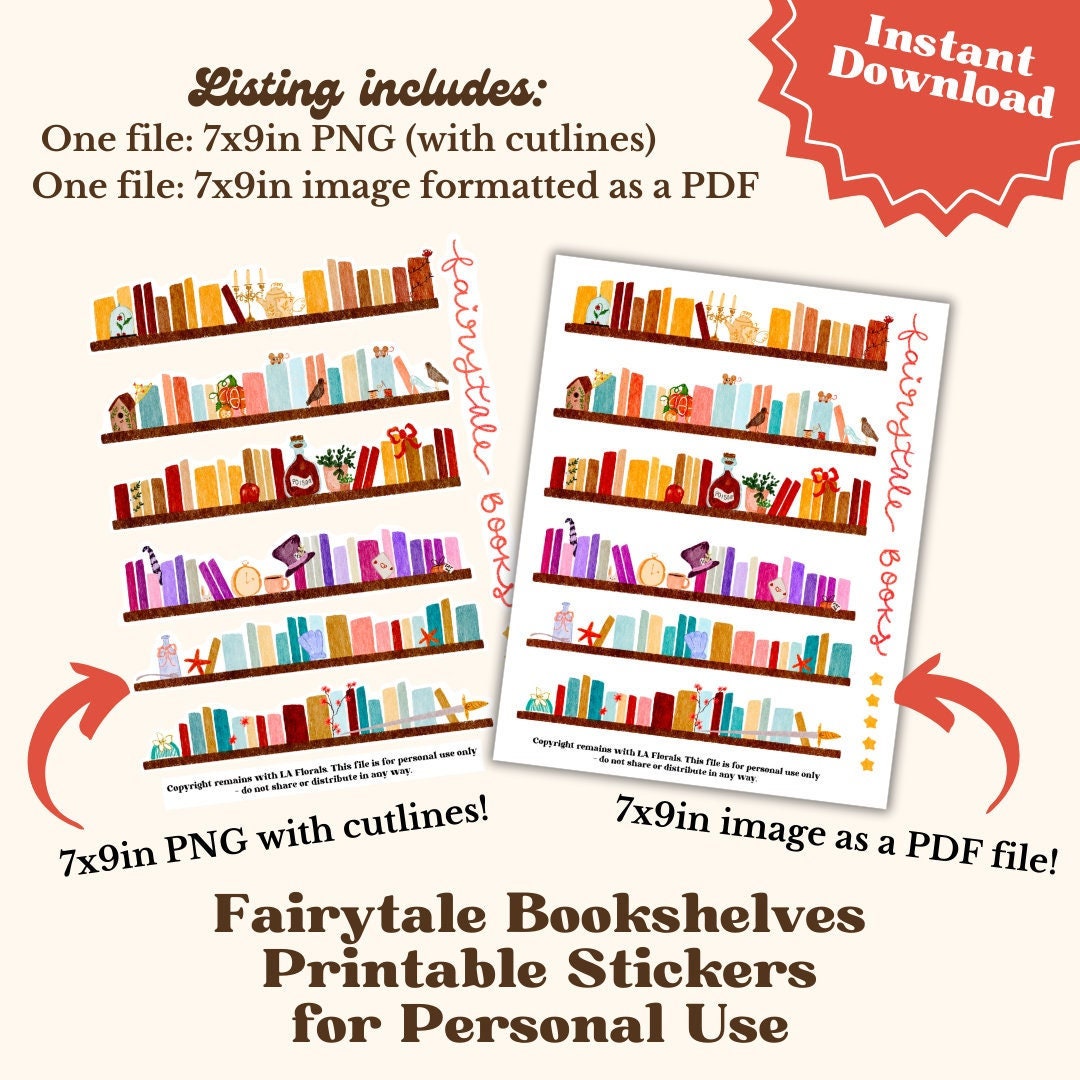 Printable Fairytale Bookshelves Stickers With Two Files (PNG & PDF ...